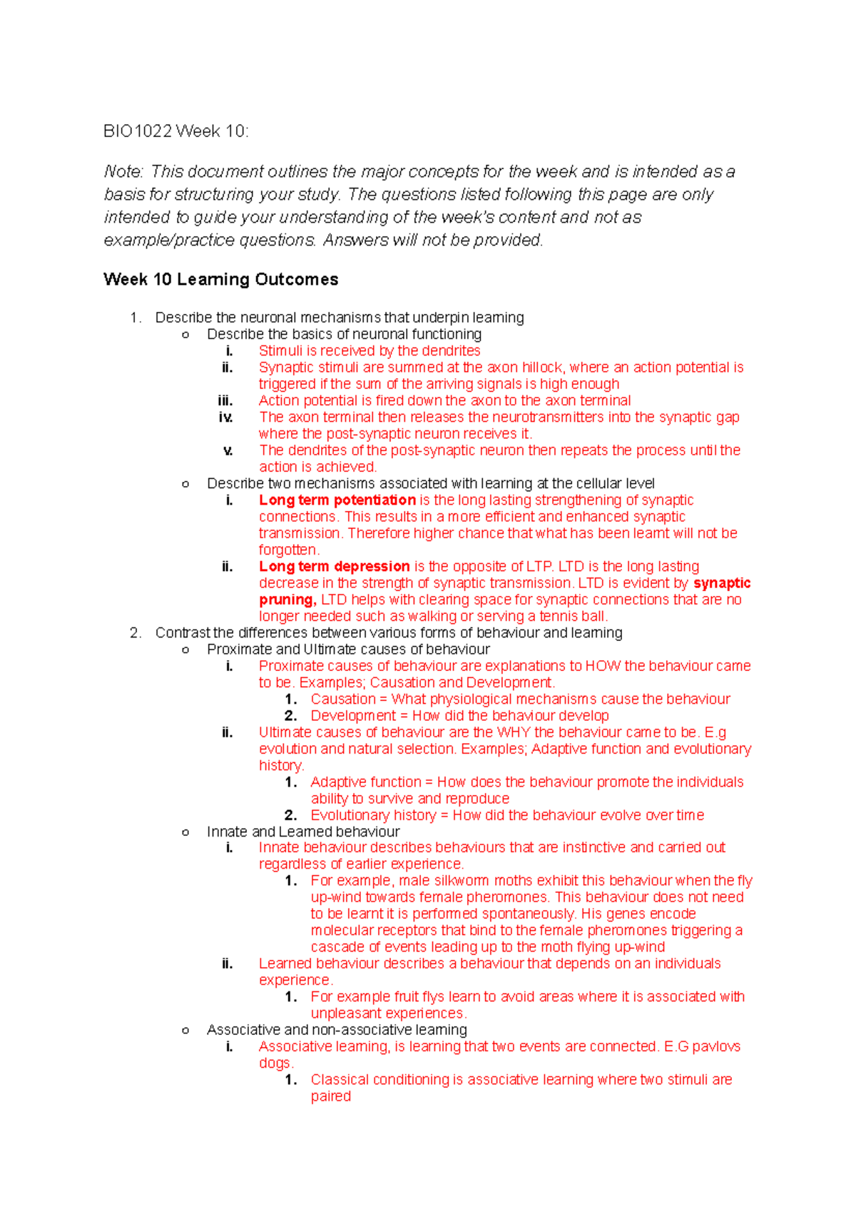 BIO 1022 Week 10 Study Guide - BIO1022 - Monash - Studocu
