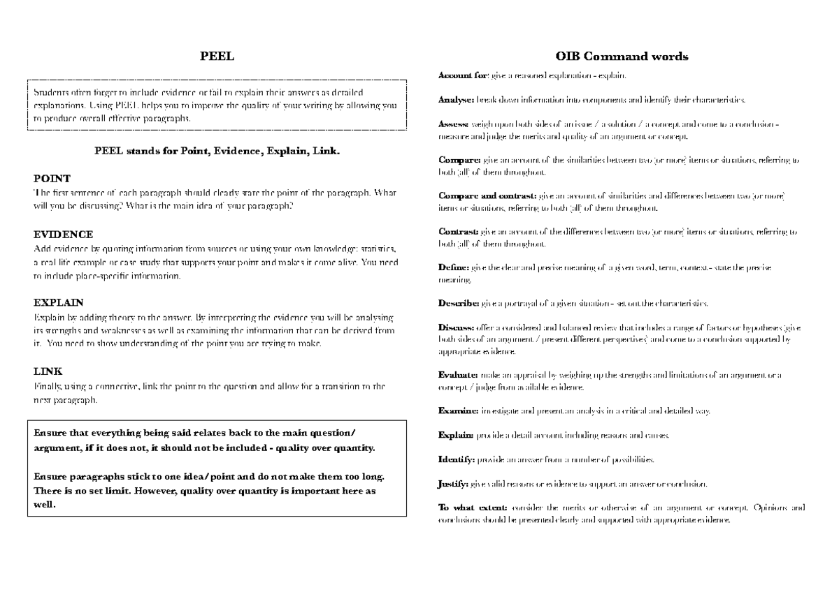 PEEL and Command words - PEEL Students often forget to include evidence ...