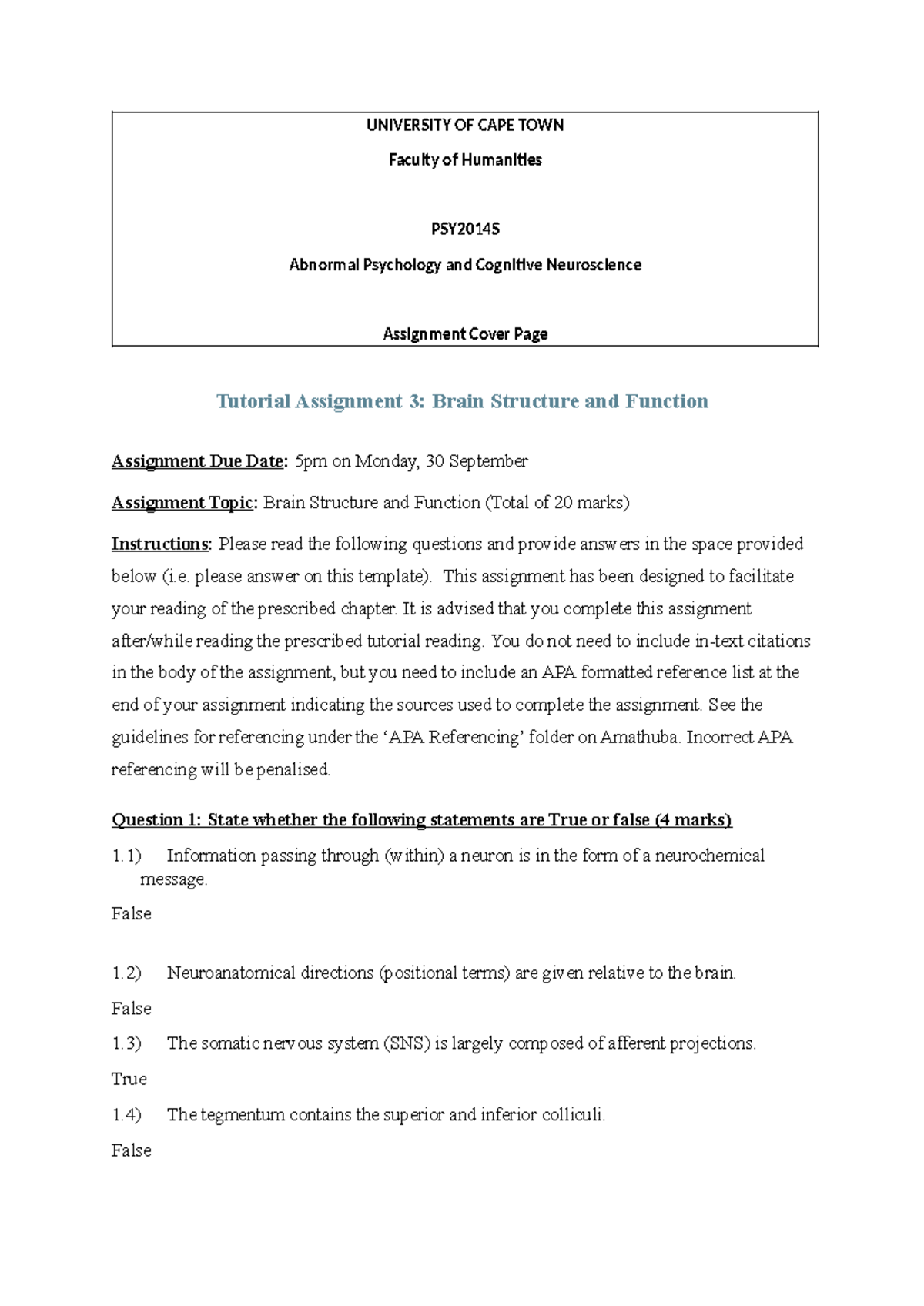 PSY2014 S Tutorial Assignment 3 - UNIVERSITY OF CAPE TOWN Faculty of Humanities PSY2014S ...