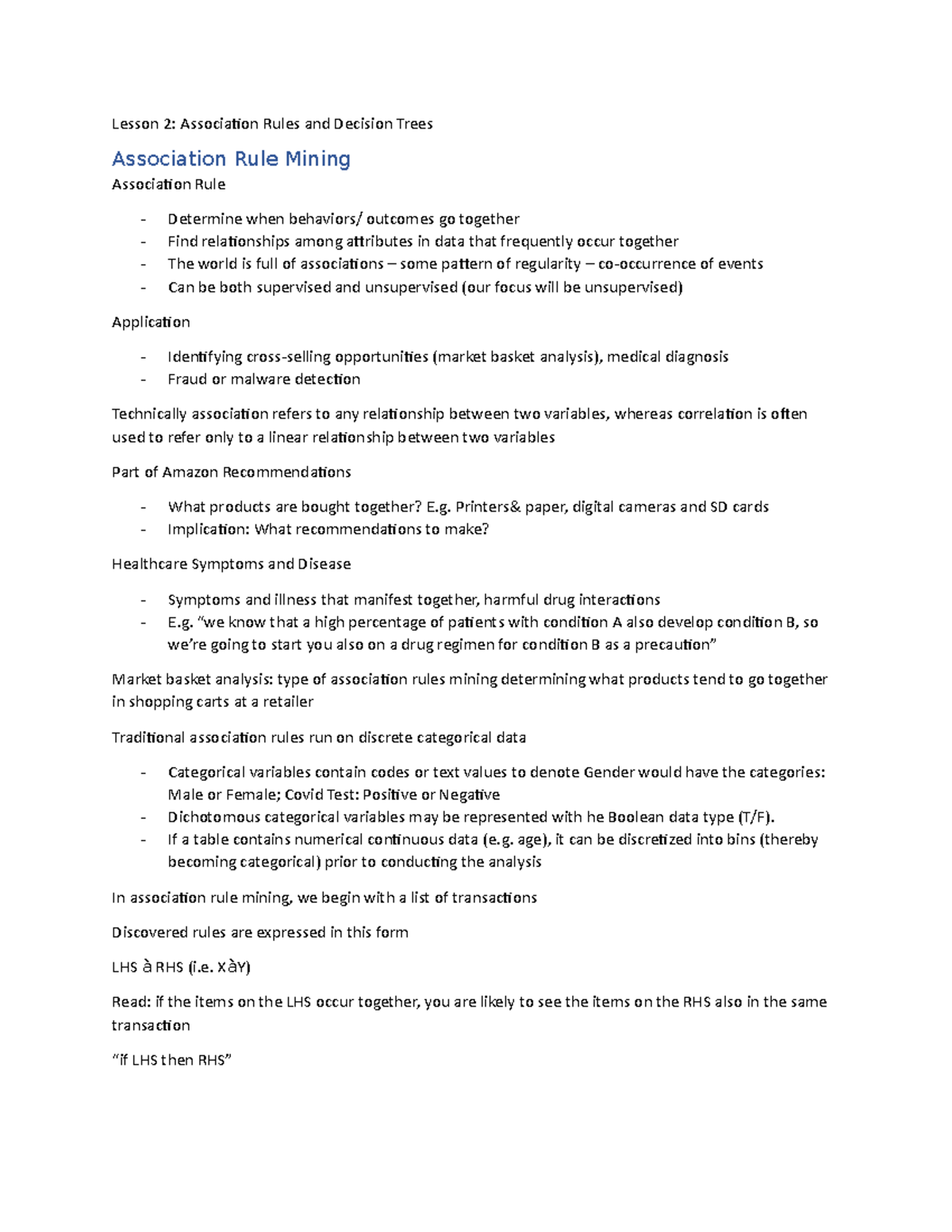 Class Notes - Lesson 2 and 3 - Association Rules and Decision Tree ...