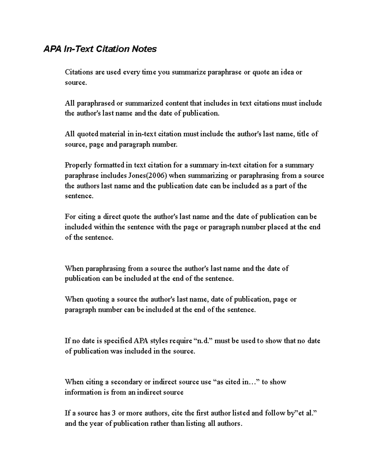 APA In-Text Citation Notes - APA In-Text Citation Notes Citations are ...