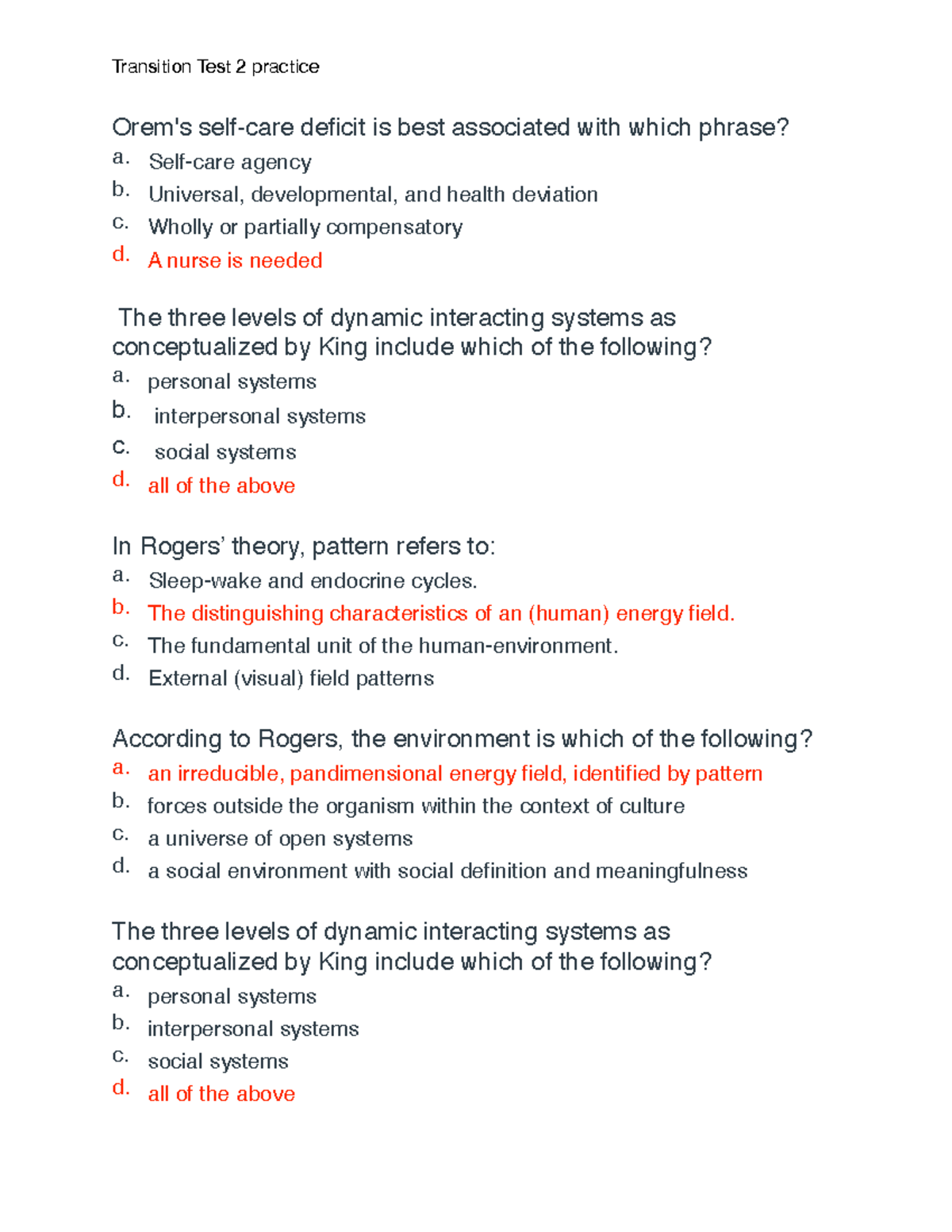 Theory test - Transition Test 2 practice Orem's self-care deficit is ...