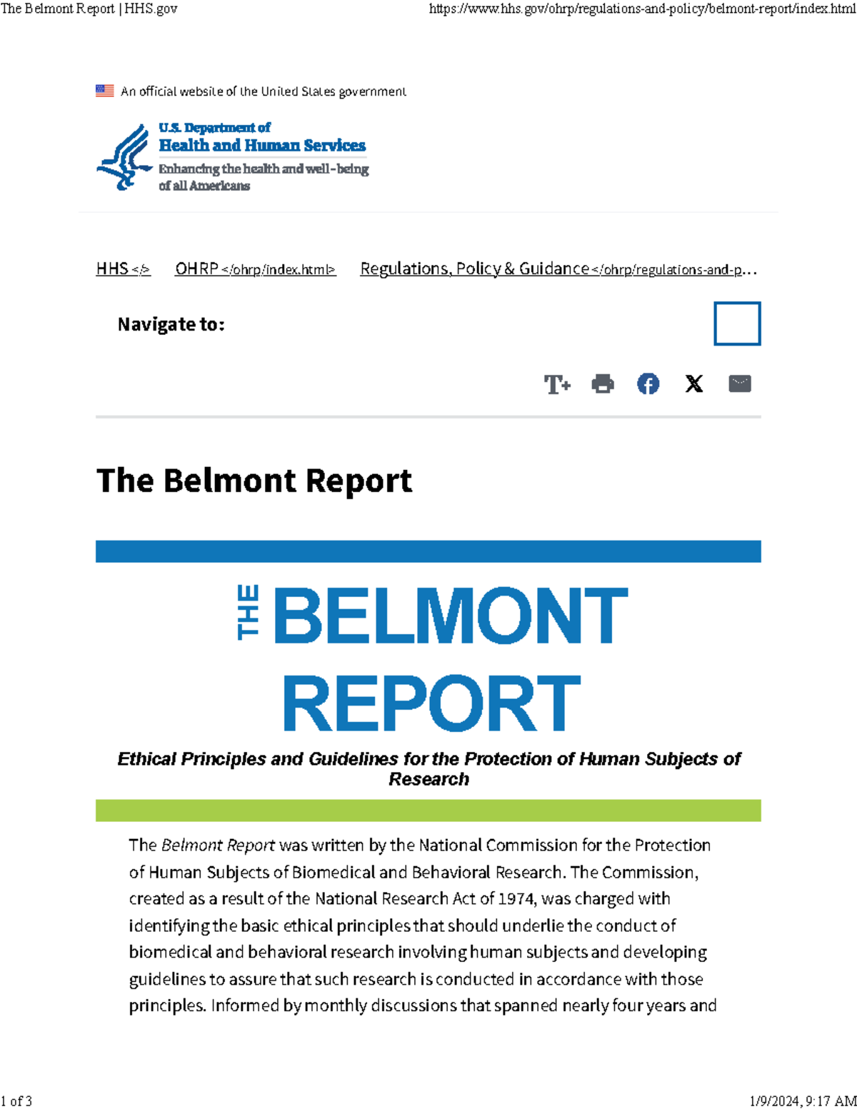 The Belmont Report HHS - HHS OHRP Regulations, Policy & Guidance - Studocu