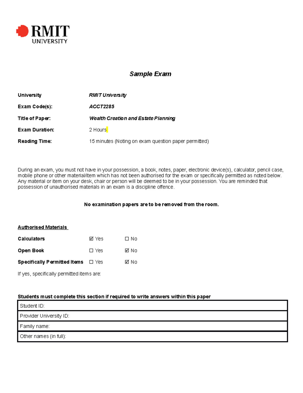 2017 Sample Exam ACCT2285 - Exam revision - Sample Exam University RMIT ...