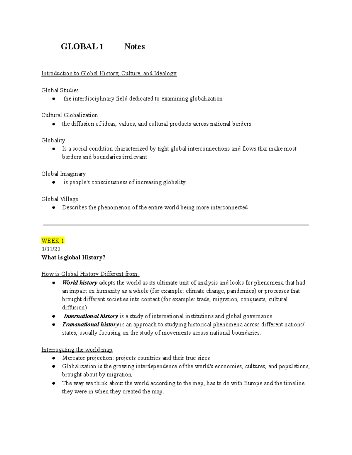 Global 1 Notes - GLOBAL 1 Notes Introduction to Global History, Culture ...