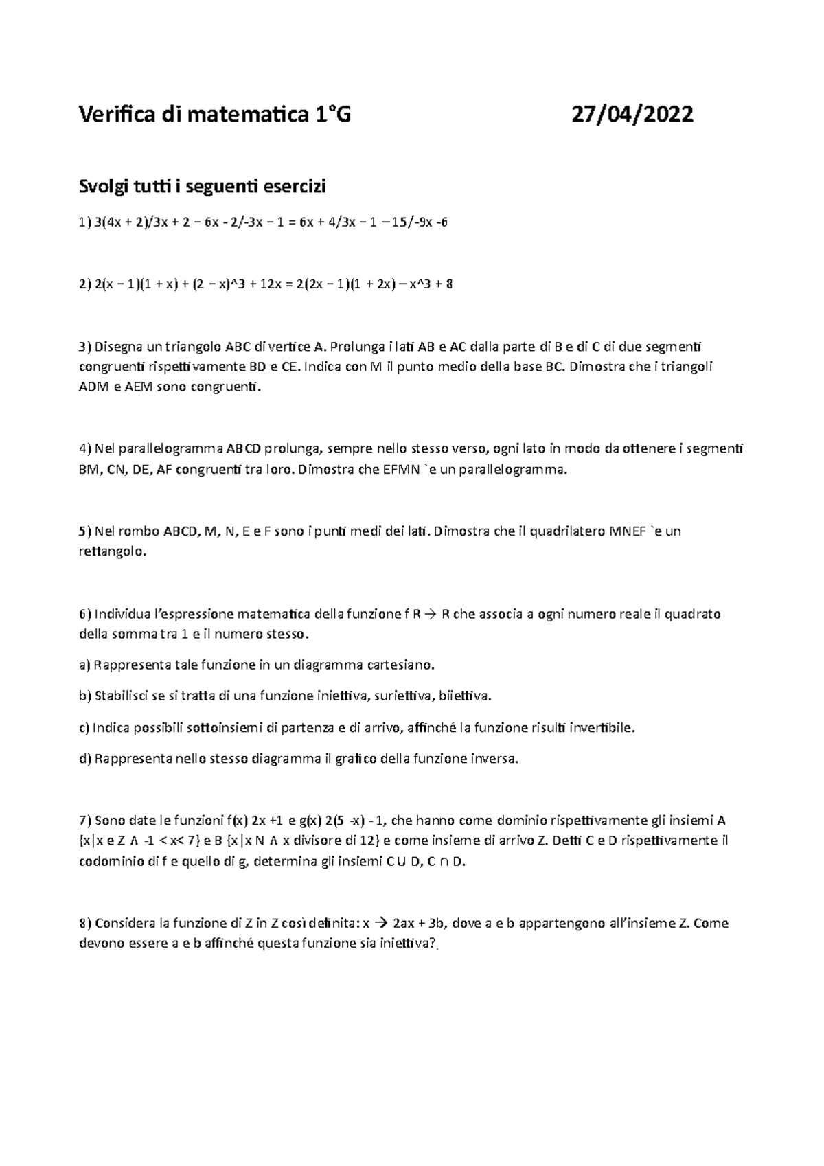 Verifica di mateamtica sulle relazioni - Verifica di matematica 1°G 27 ...