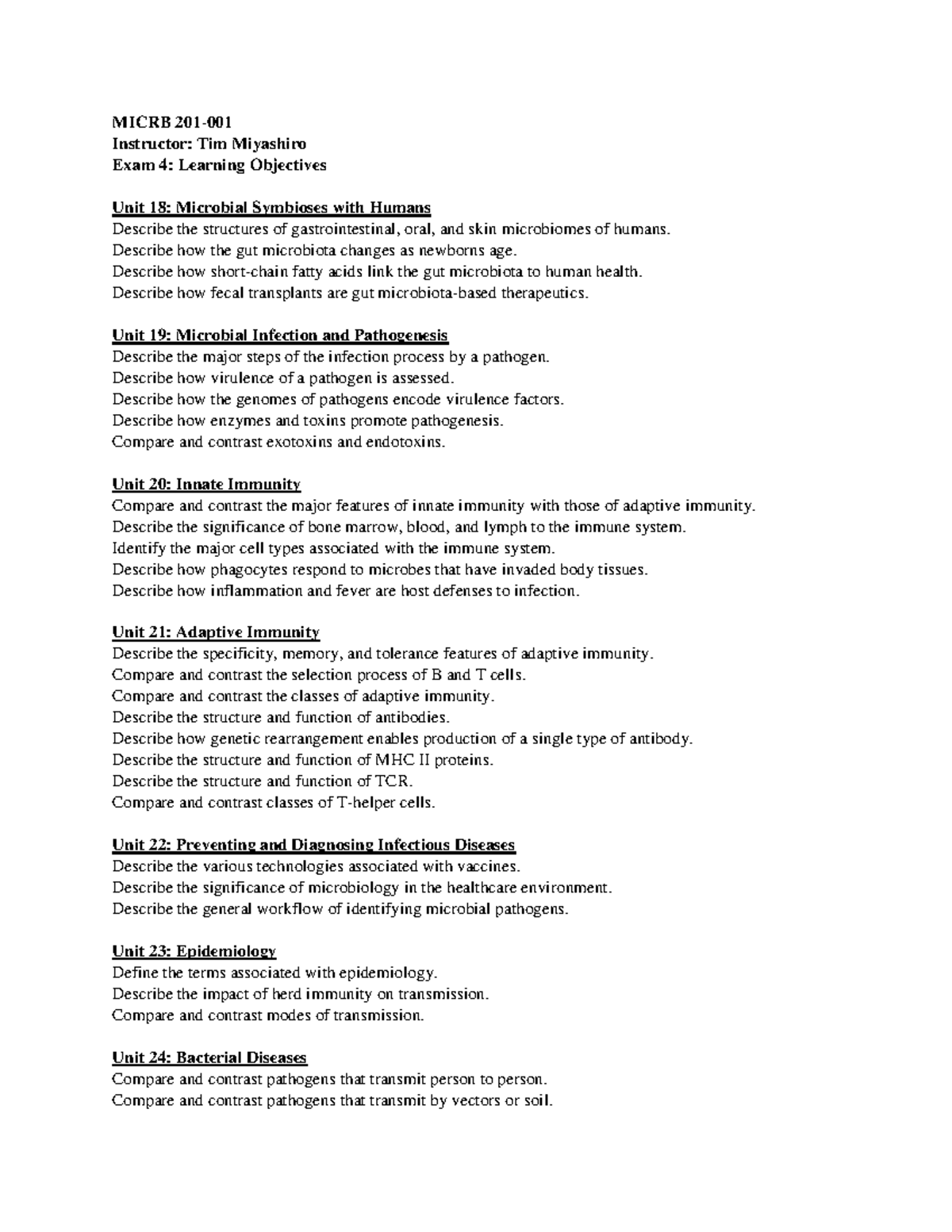 2024 MICRB 201 Exam 4-Learning Objectives - MICRB 201- 001 Instructor ...