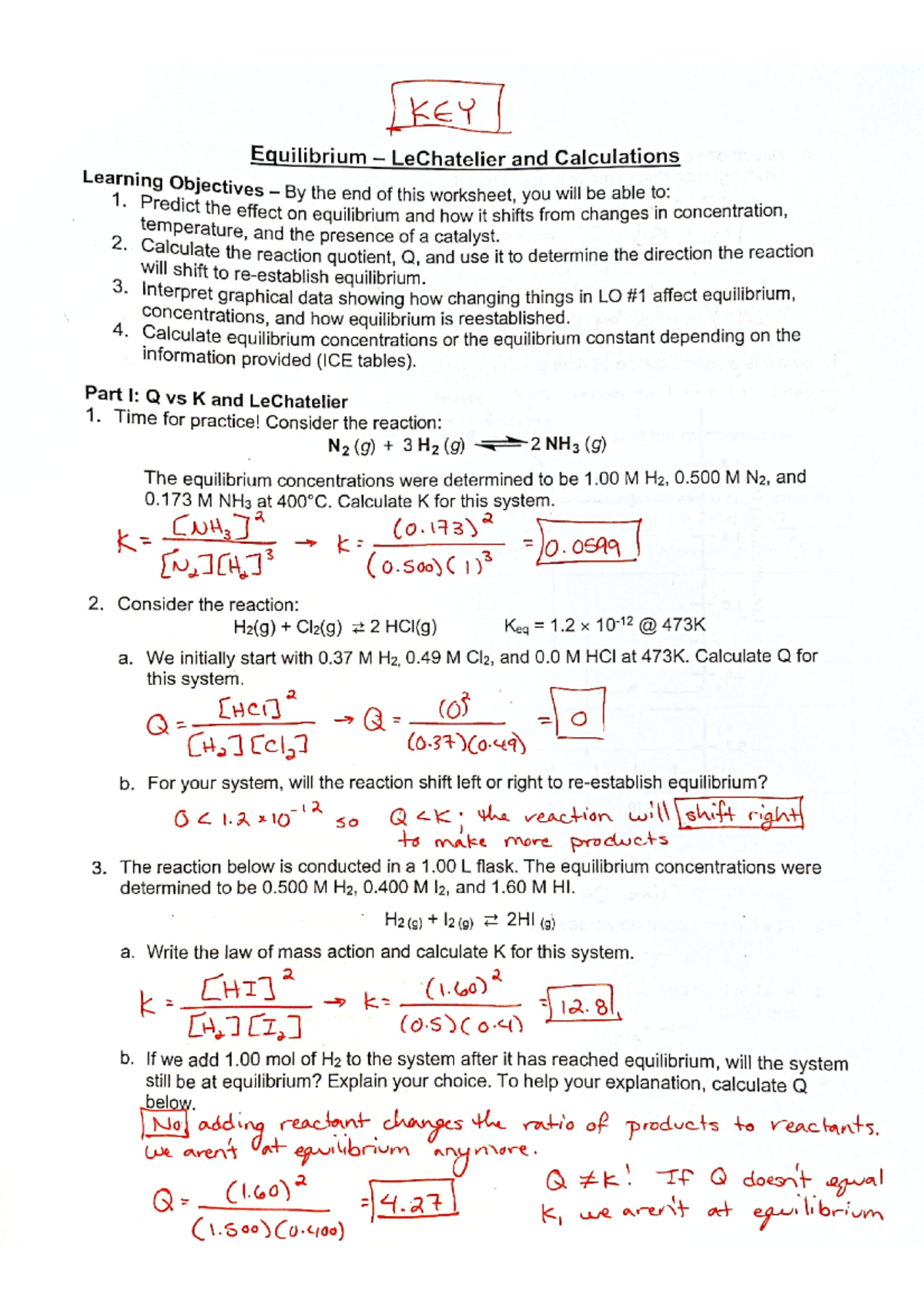 Equilibrium - Le Chatelier and Calculations KEY 1 - CHEM 1212 - Studocu