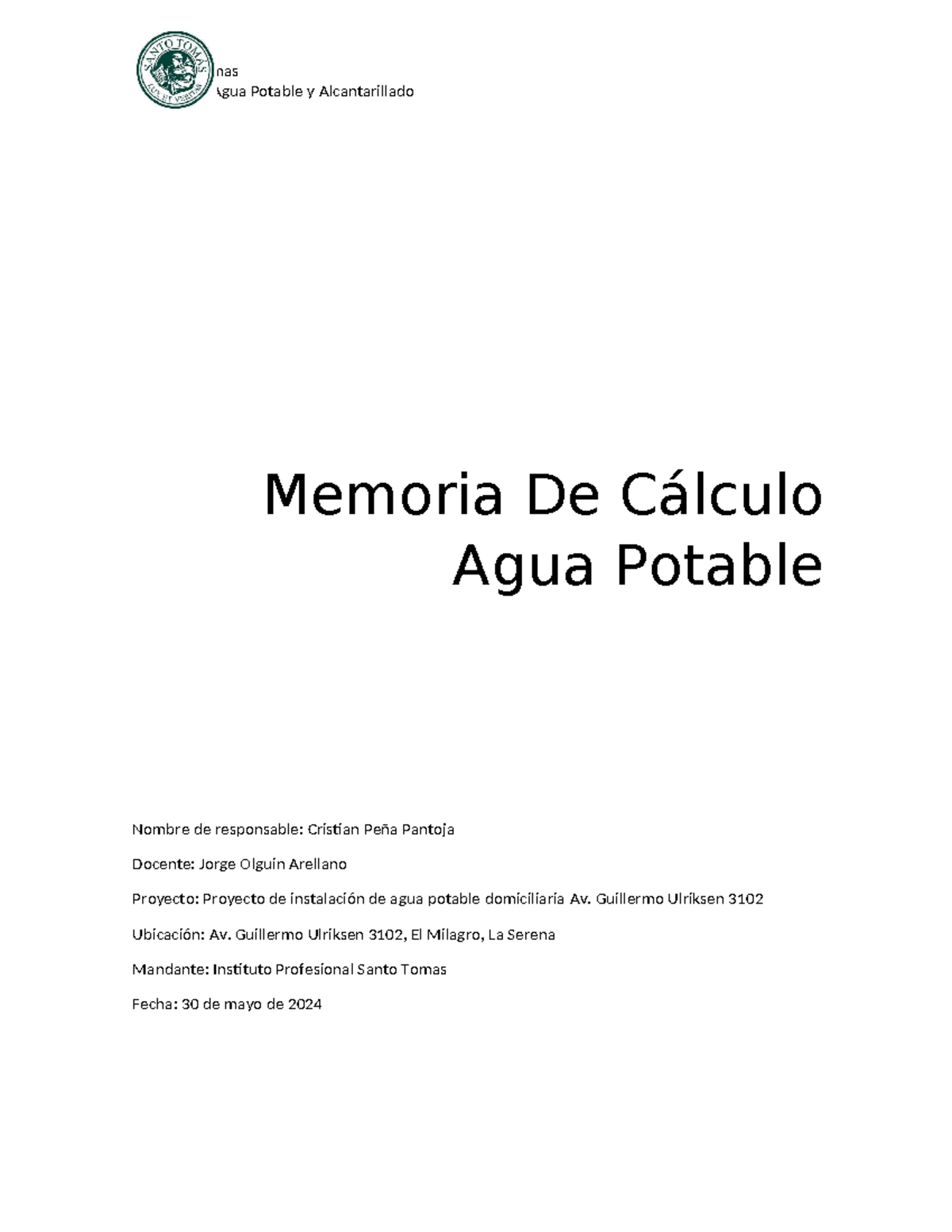 Memoria de calculo - Instalación Agua Potable y Alcantarillado Memoria ...