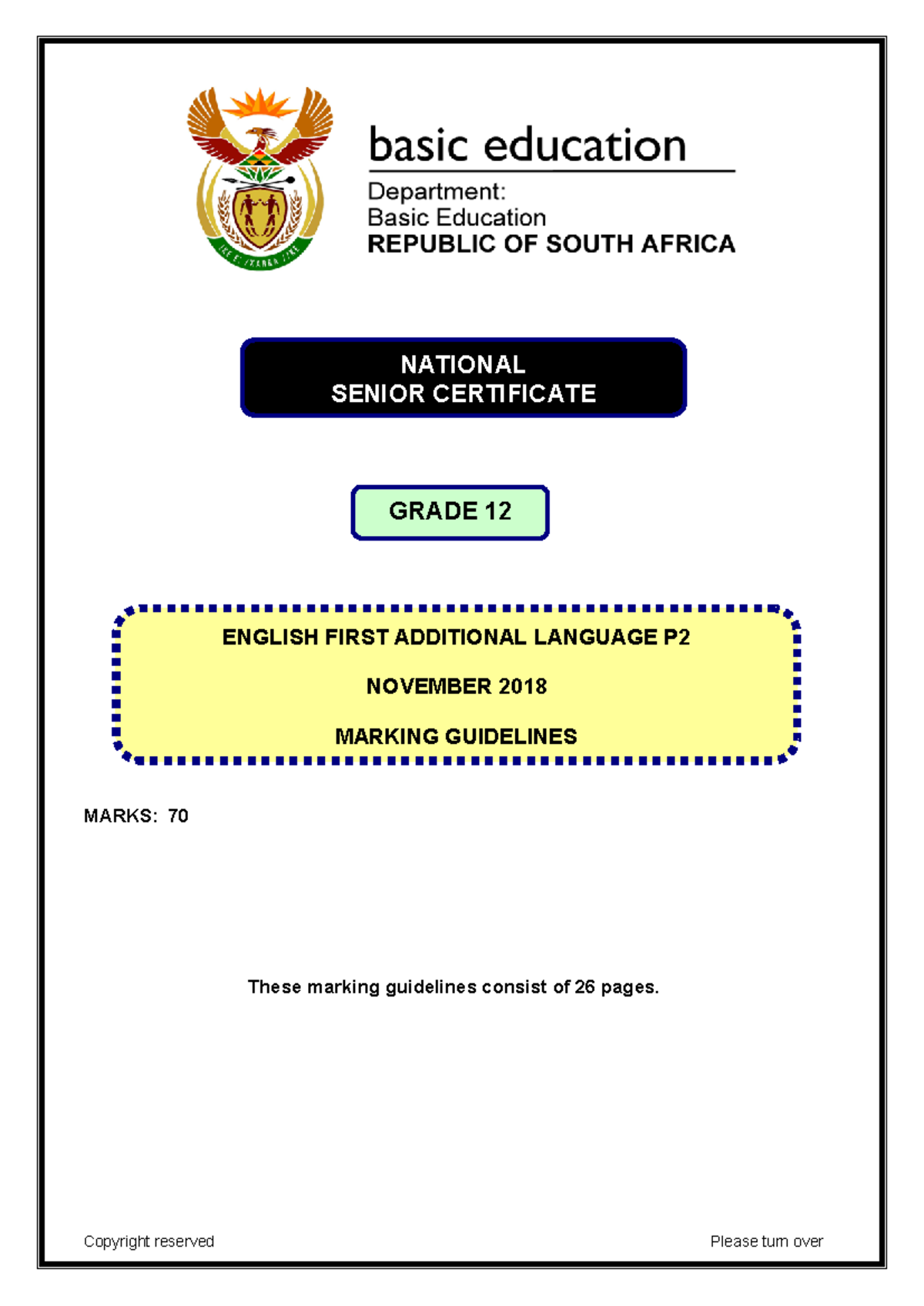 English First Additional Language FAL P2 Nov 2018 Final Memo - MARKS ...