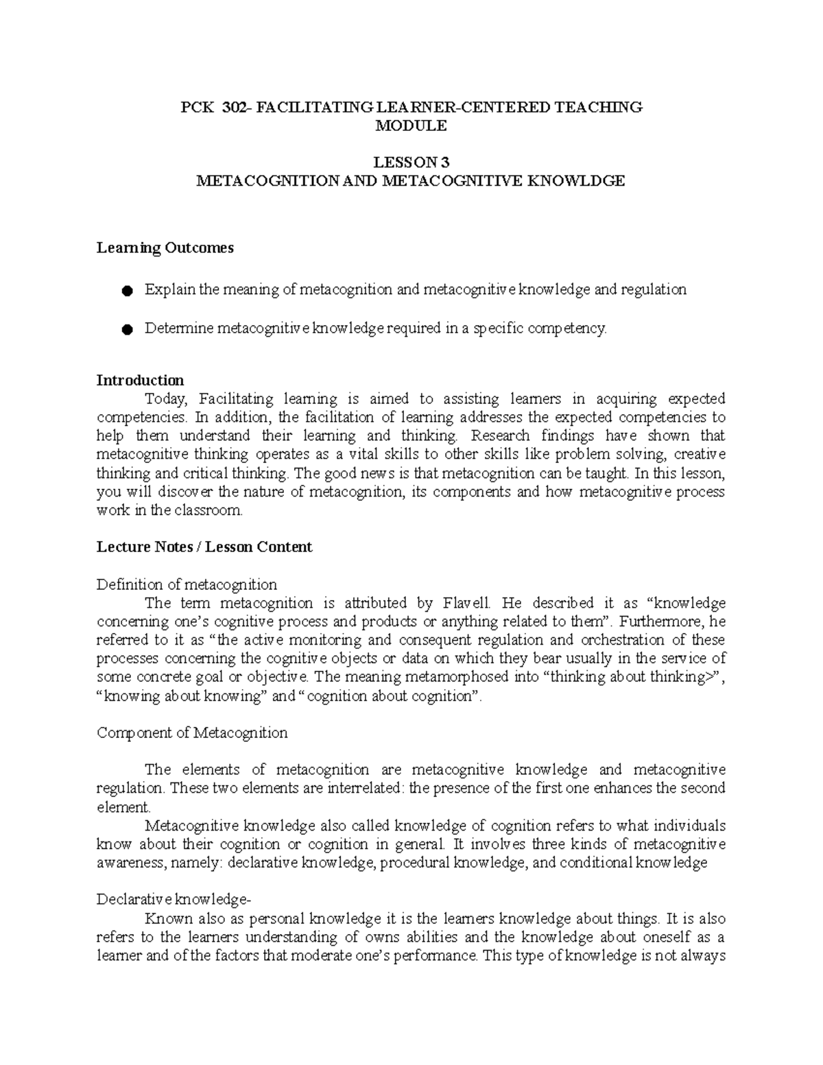 Metacognition AND Metacognitive - PCK 302- FACILITATING LEARNER-CENTERED TEACHING MODULE LESSON ...