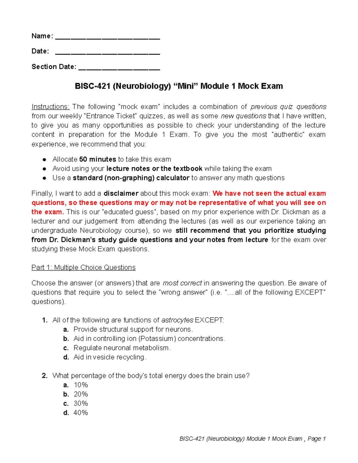 Mini Module 1 Mock Exam - Name: ___________________________ Date