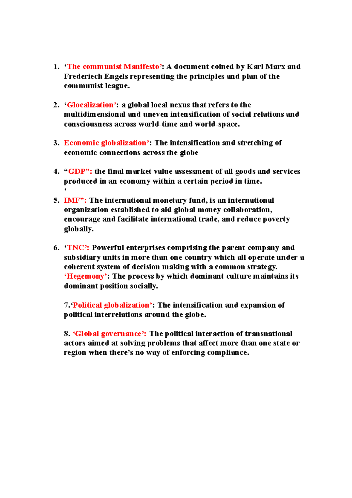 Global studies mid term1 review - ‘The communist Manifesto’: A document ...