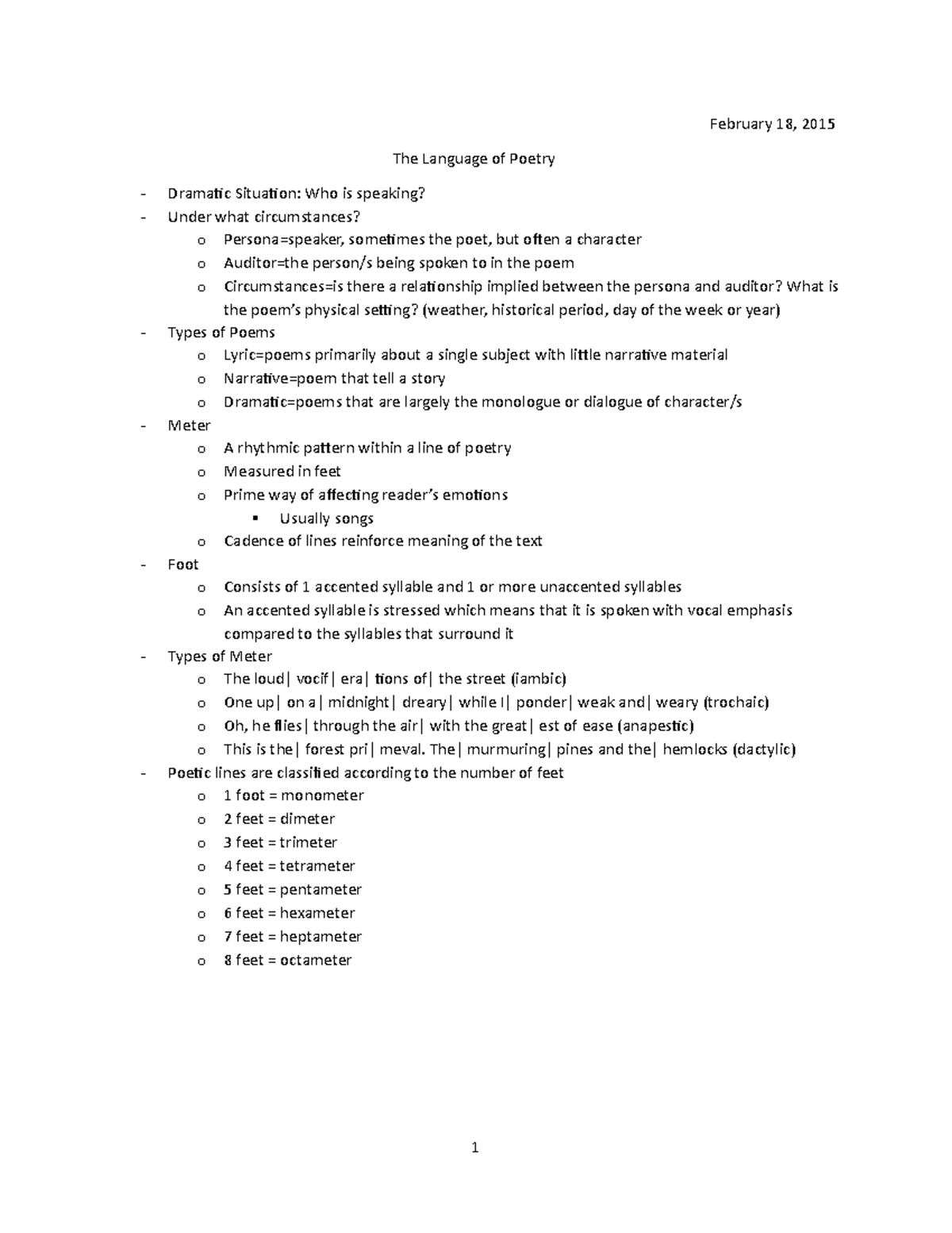 Unit 2 Notes Poetry - February 18, 2015 The Language of Poetry ...