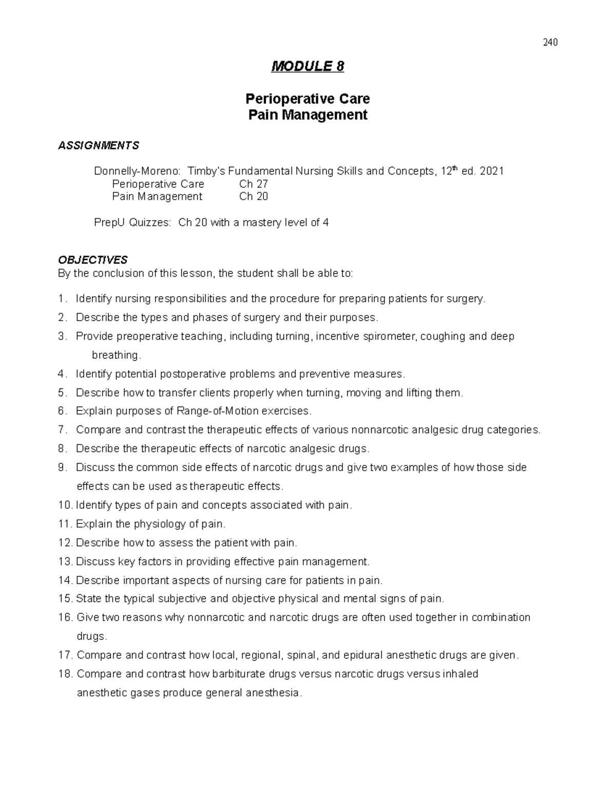 Module 8 Objectives Perioperative Care and Pain Management - MODULE 8 ...