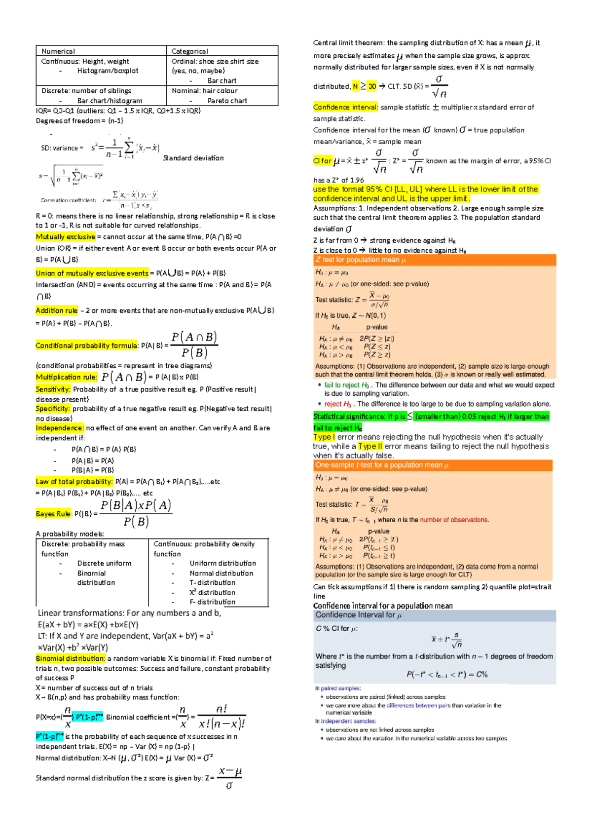 A4 Memory Aid - Colour - Cheat Sheet Final Exam - Numerical Categorical Continuous: Height ...