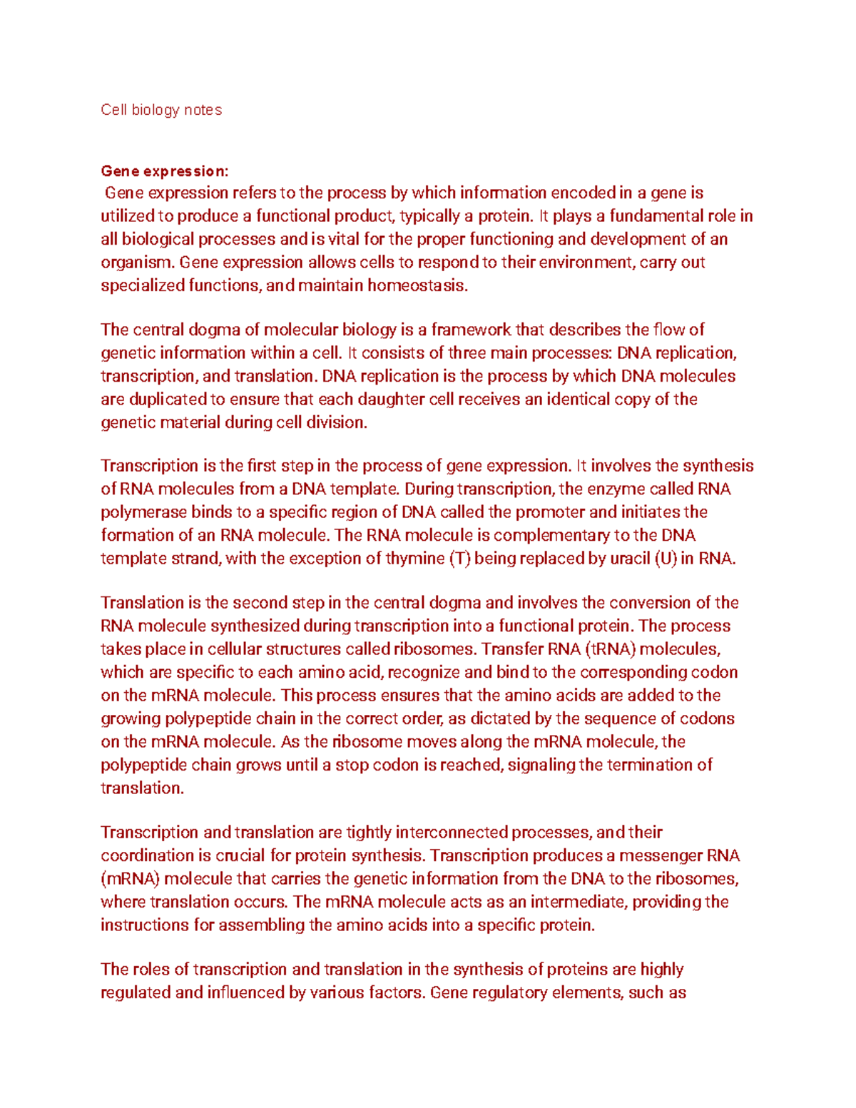 Cell biology notes - Cell biology notes Gene expression: Gene ...