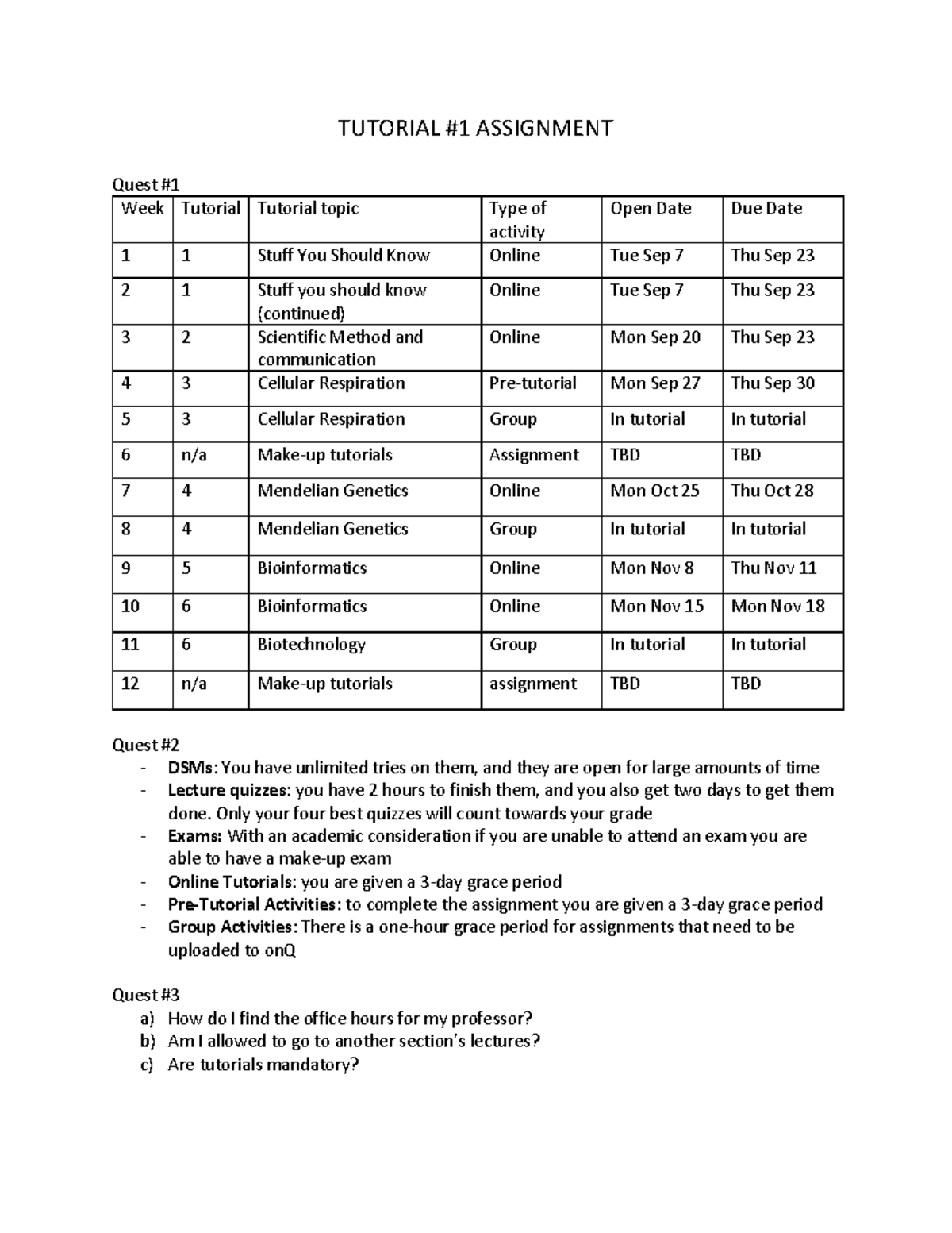BIO 102 Tutorial 1 - TUTORIAL #1 ASSIGNMENT Quest # Week Tutorial ...