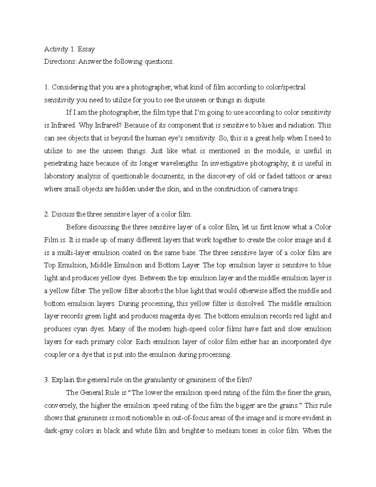 UNIT 3 Activity 1 - About Film. - Activity 1. Essay Directions: Answer ...