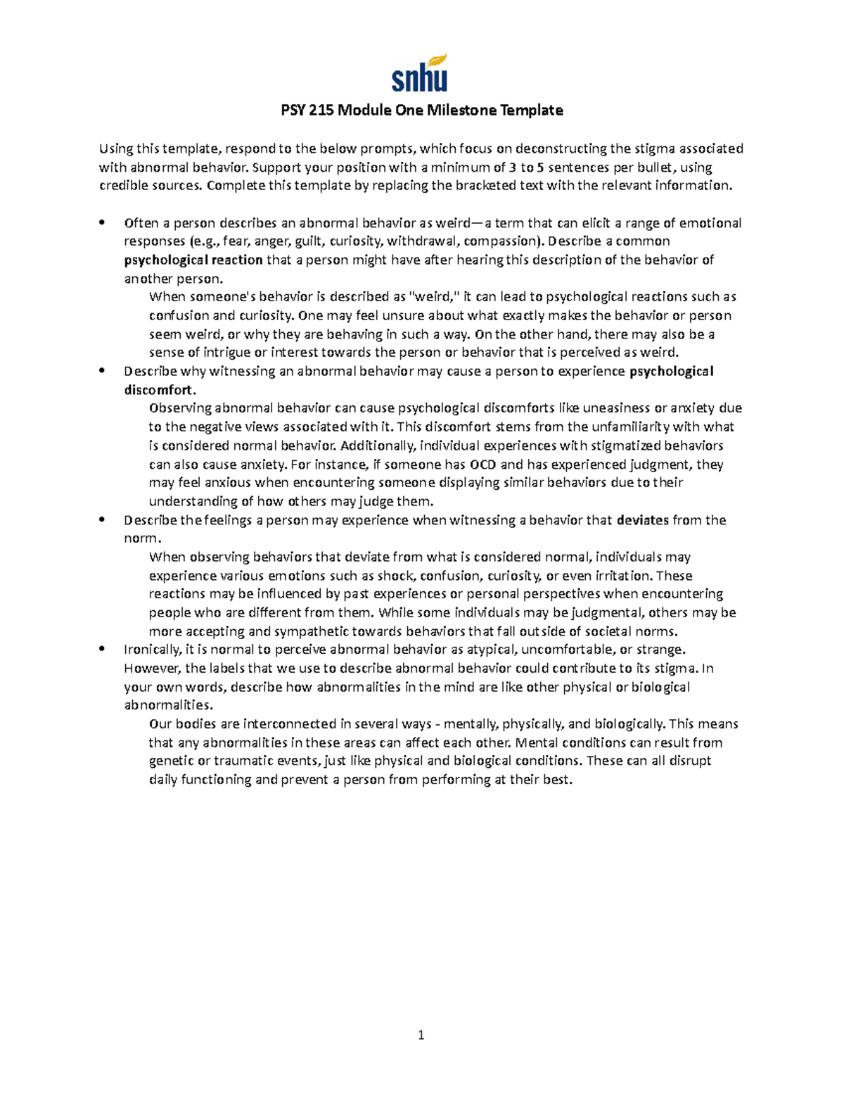 PSY 215 Module One Milestone Template - PSY 215 Module One Milestone ...