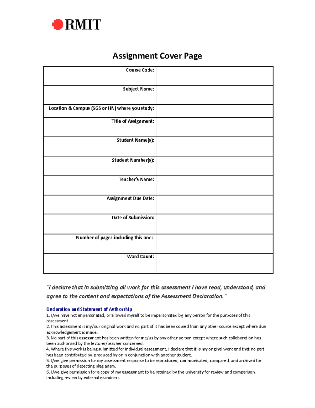 Cover Sheet and Declaration Statement 2023-2 - Assignment Cover Page ...
