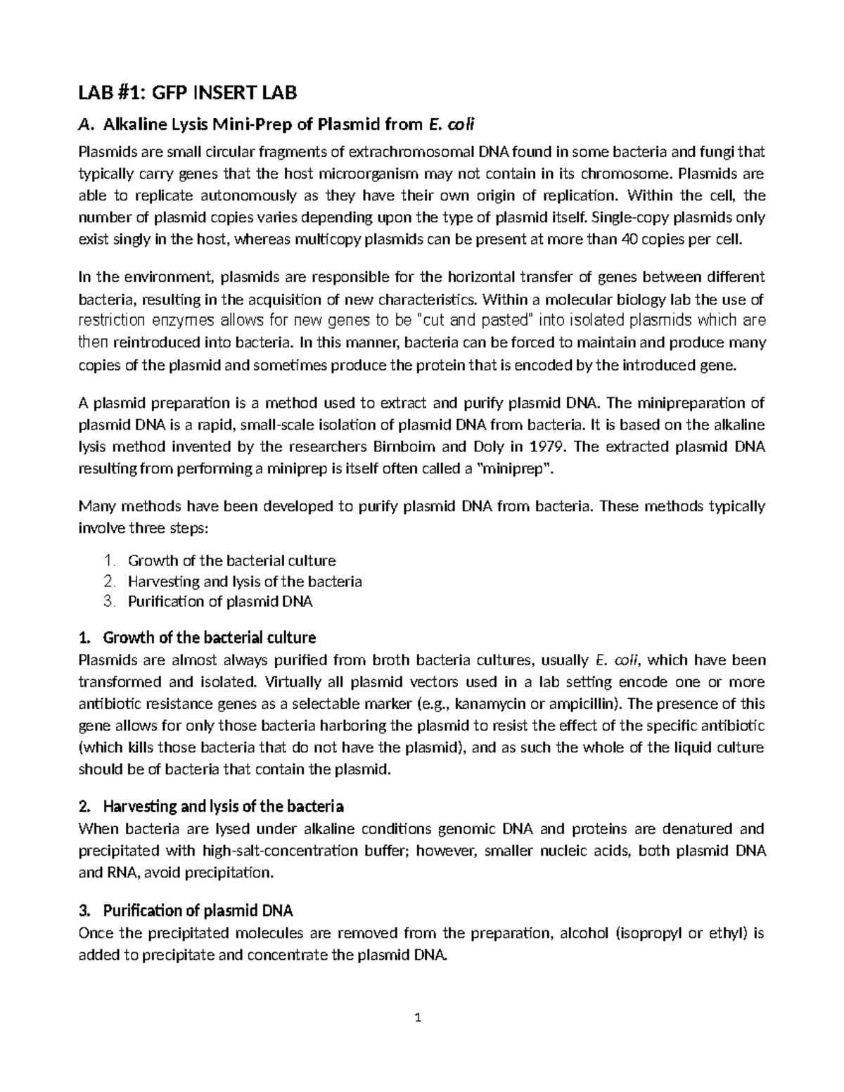 W2022 BI441 Lab 1 Insert Lab Procedure-converted - 1 LAB #1: GFP INSERT LAB A. Alkaline Lysis ...