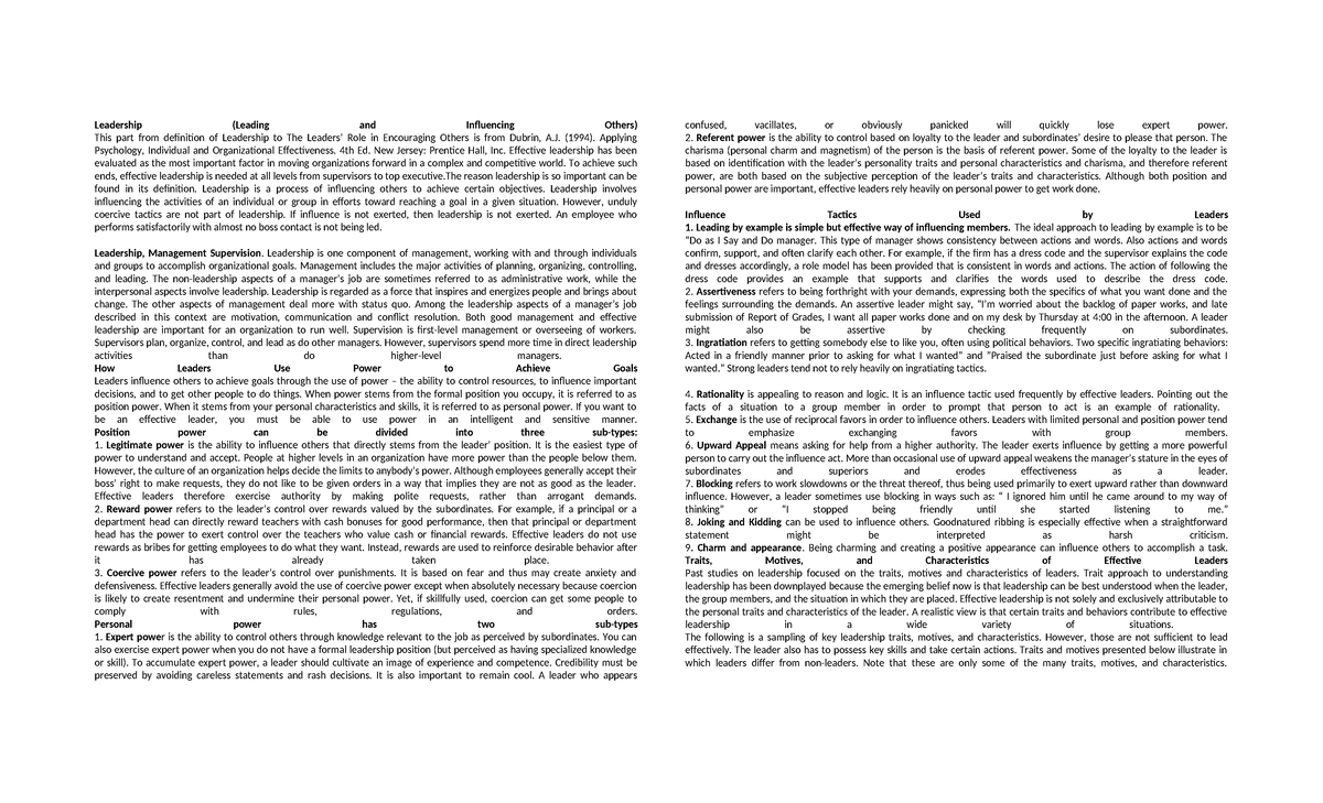 Leadership - (1994). Applying Psychology, Individual and Organizational ...