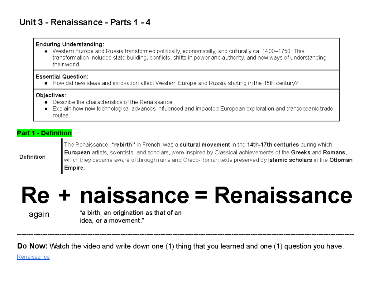 Renaissance - World History - Parts 1 - 4 - Academic - Unit 3 ...