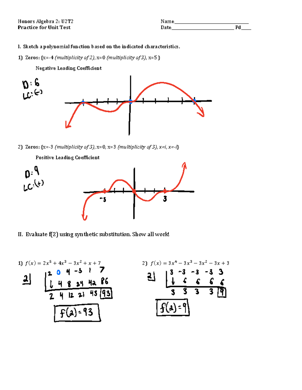 U2T2 Key Test Review - Honors Algebra 2: U2T2 Name ...