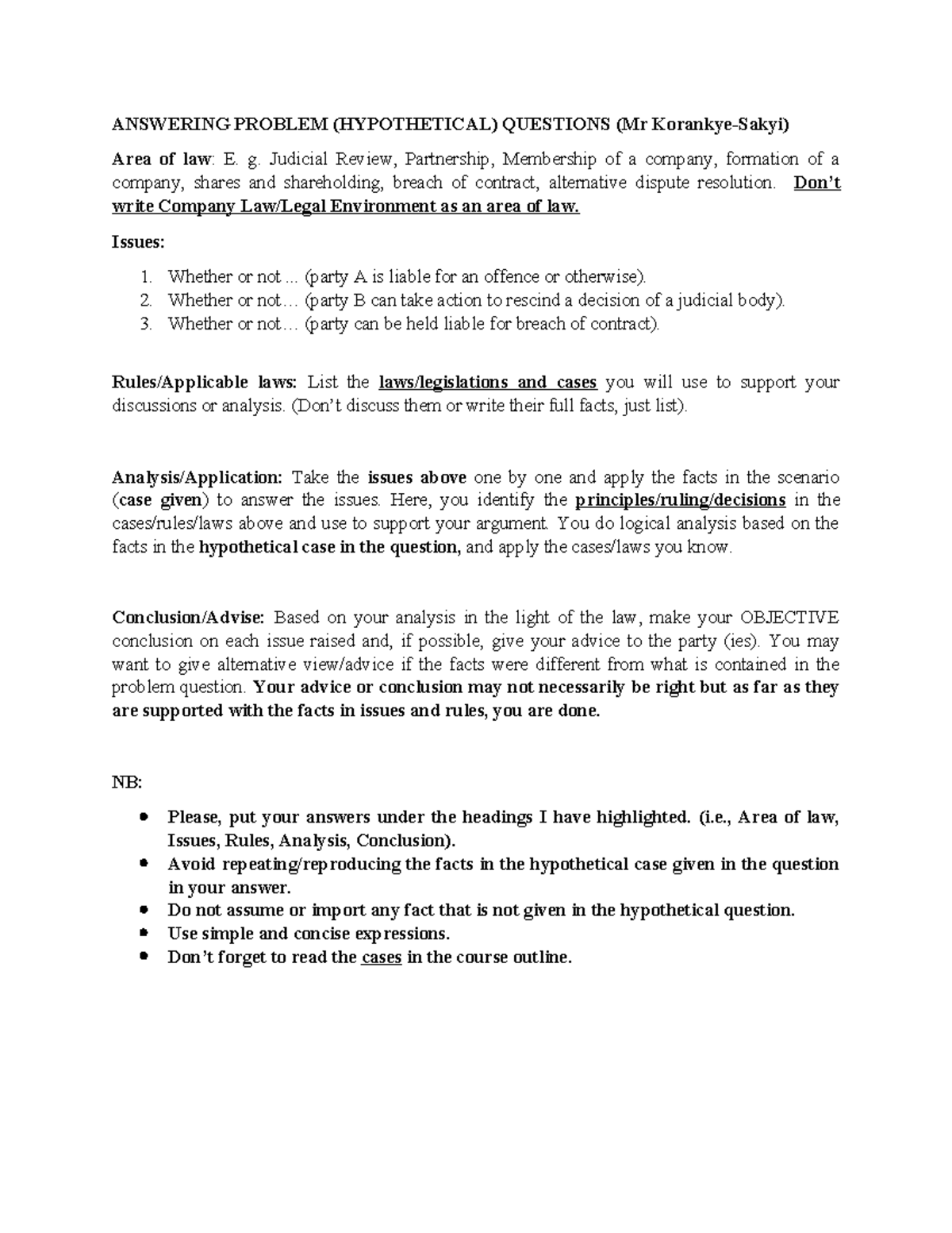 Answering Problem Questions 2024 - ANSWERING PROBLEM (HYPOTHETICAL ...