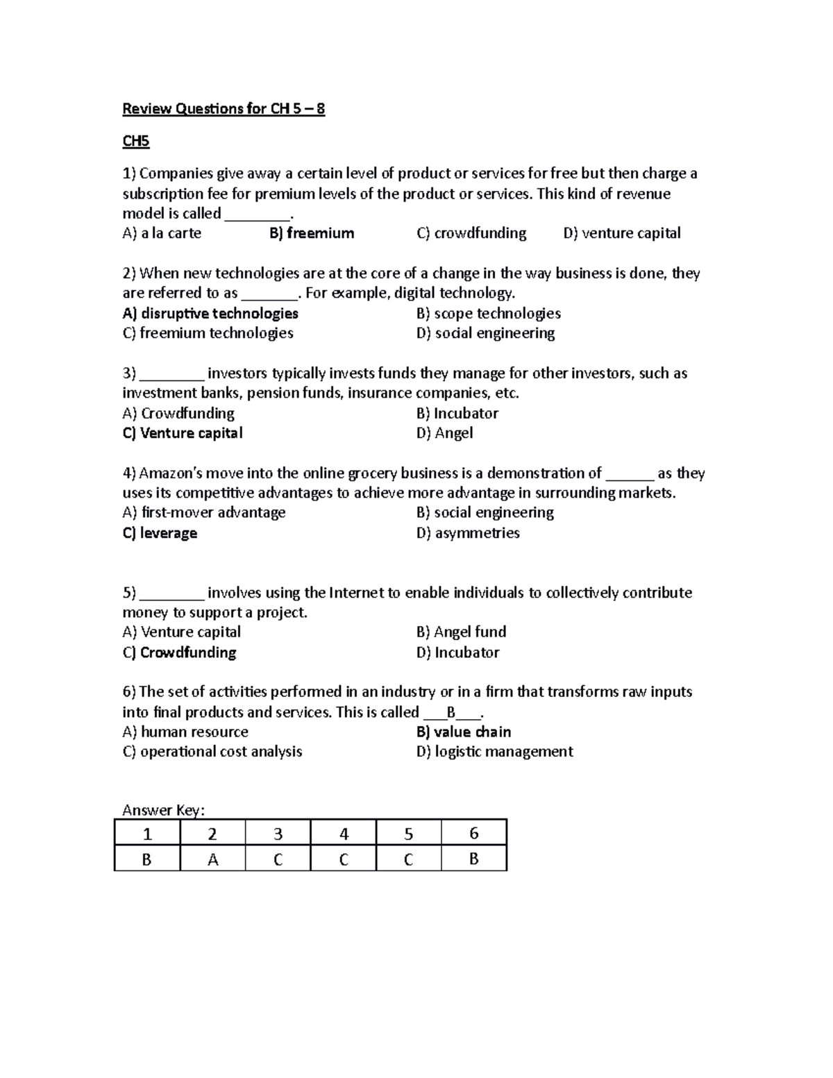 Review Questions for CH5-8 - This kind of revenue model is called ________. A) a la carte B ...