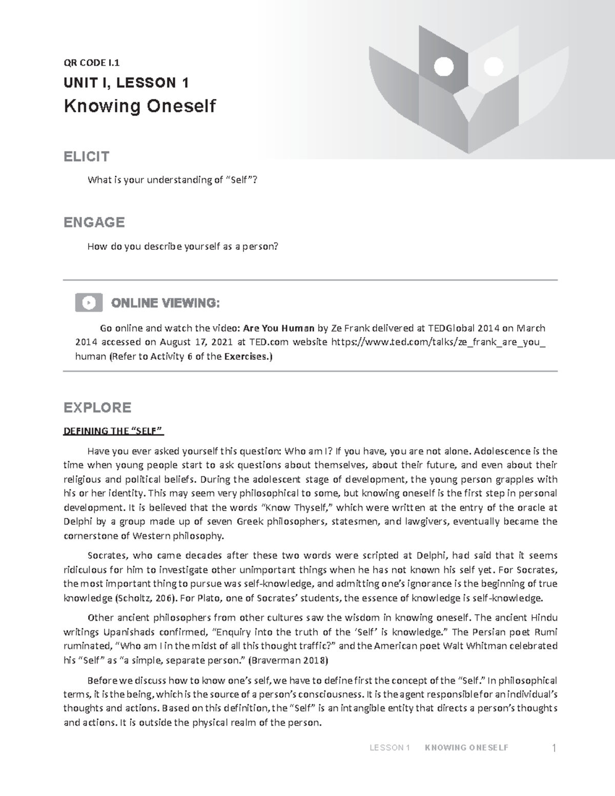 Knowing-oneself - per-dev - LESSON 1 KNOWING ONESELF 1 QR CODE I. UNIT ...