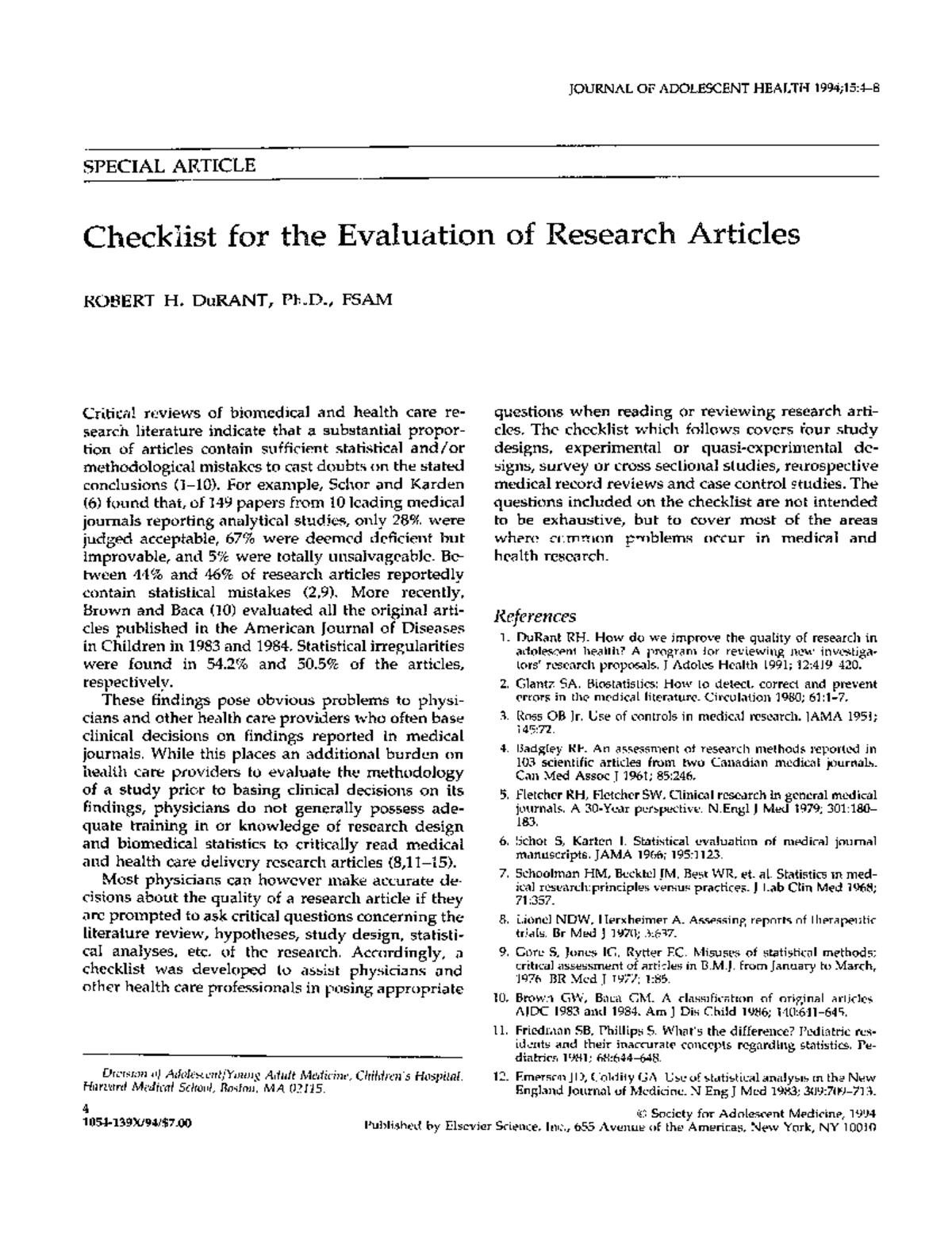 Evaluation of research - JOURNAL OF ADOLESCENT HEALTH 1994;15:4 ...