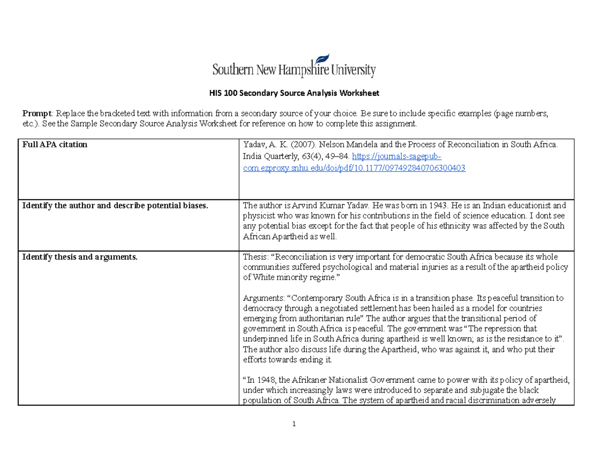 HIS 100 Secondary Source Analysis Worksheet 5 23 - HIS 100 Secondary ...