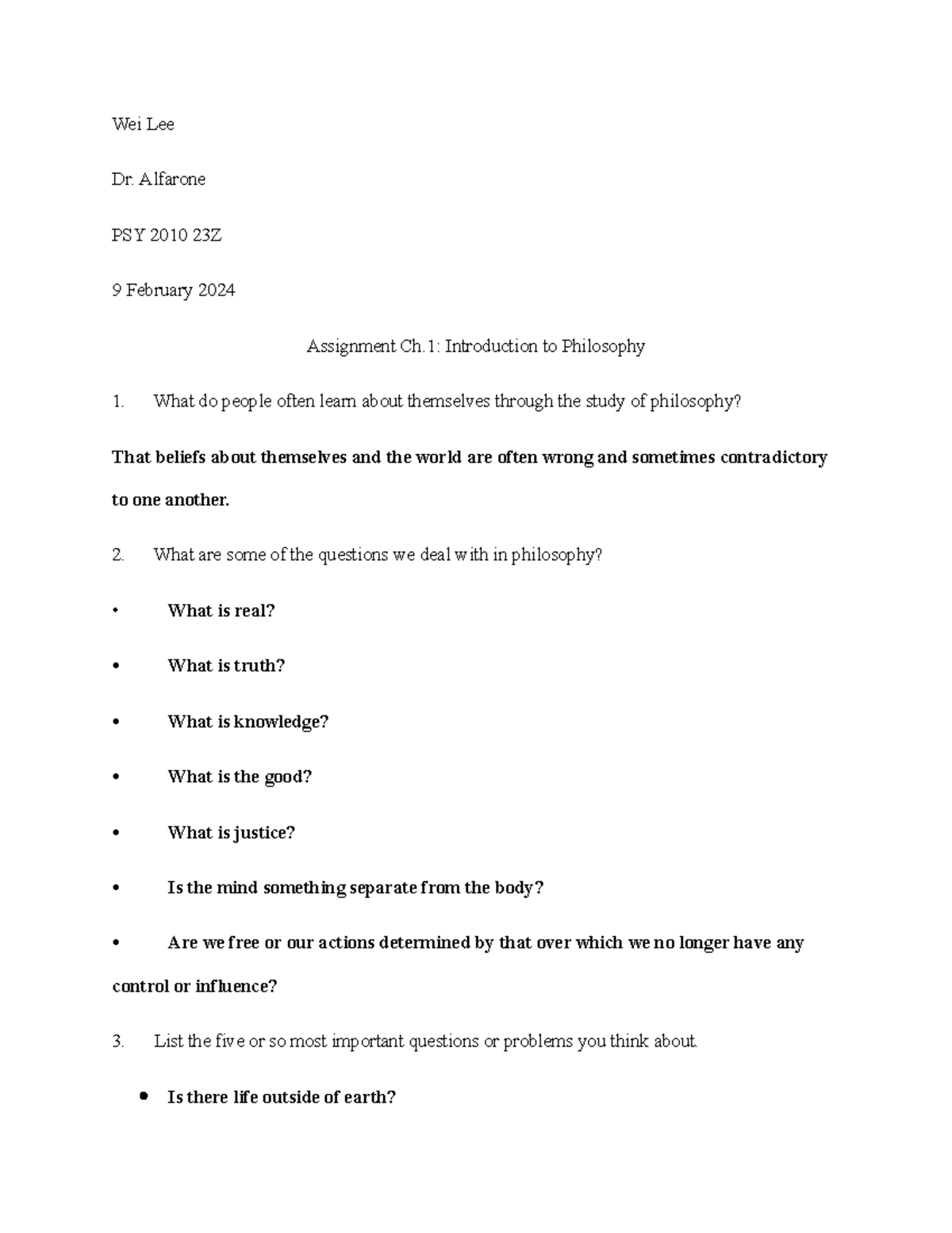 Chapter 1 Philosophy - Wei Lee Dr. Alfarone PSY 2010 23Z 9 February ...