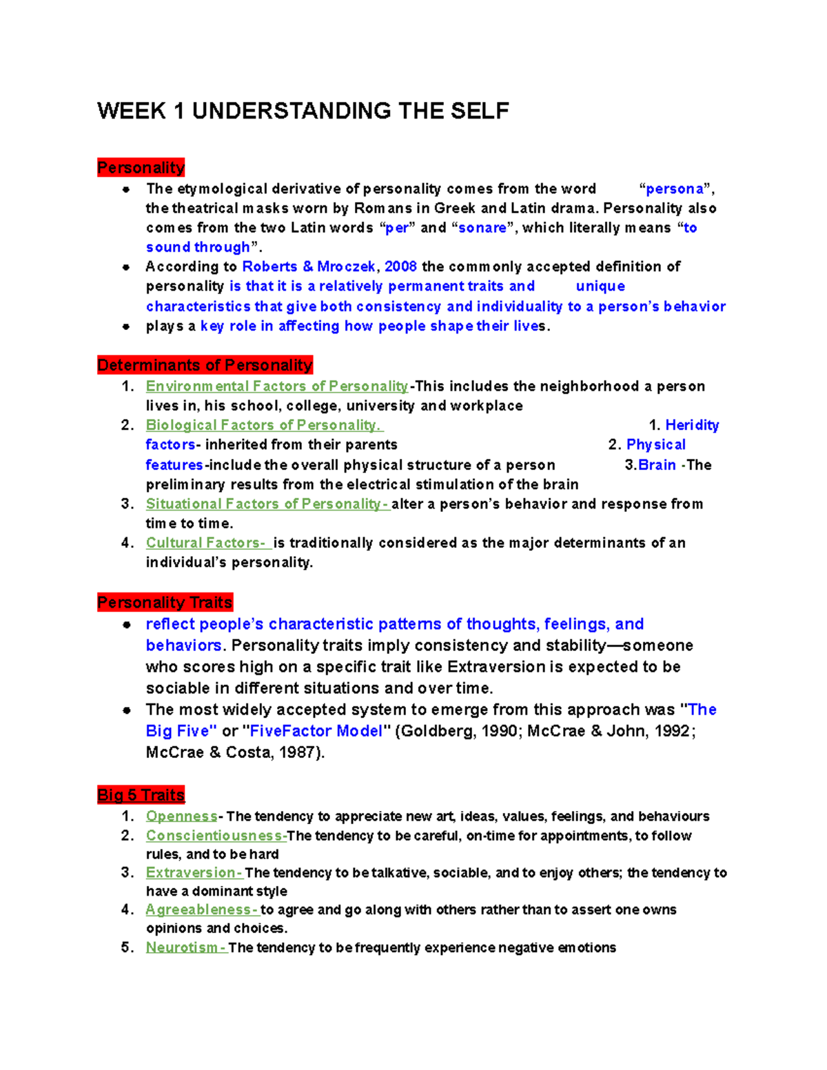 UTS - Understanding The Self - WEEK 1 UNDERSTANDING THE SELF Personality The etymological - Studocu