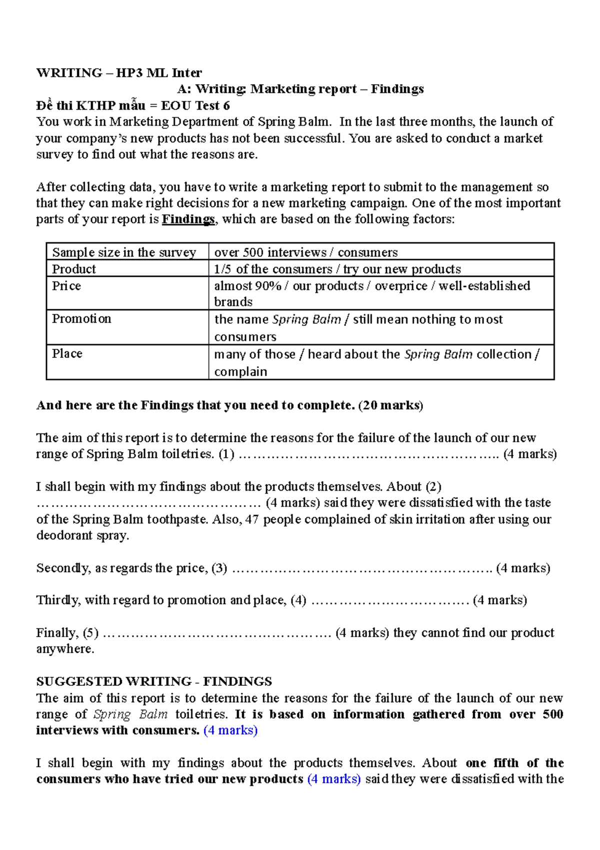 Huong dan Writing HP3 ML Inter goi SV - WRITING – HP3 ML Inter A: Writing: Marketing report ...