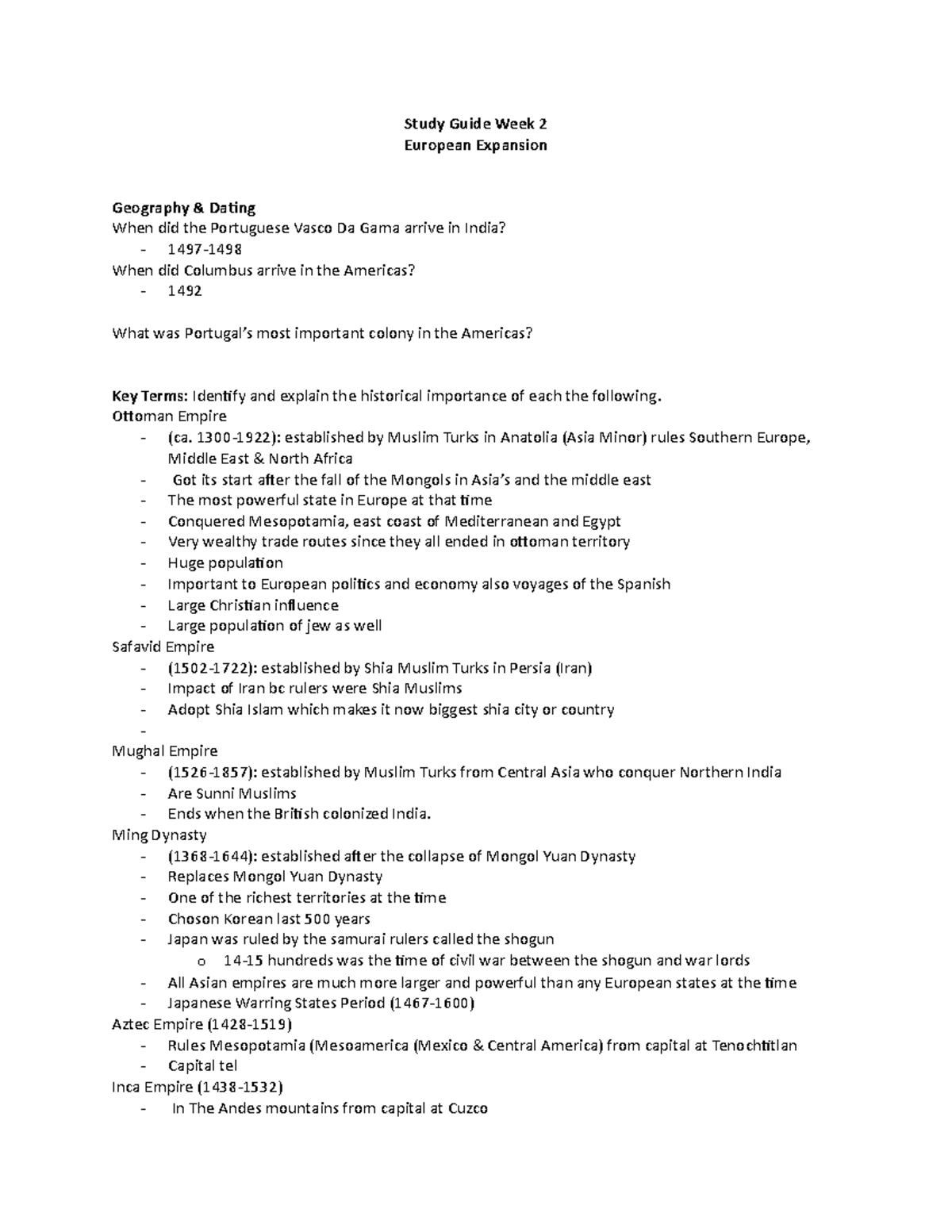 Study Guide Week 2 European Expansion SP21 - Study Guide Week 2 ...
