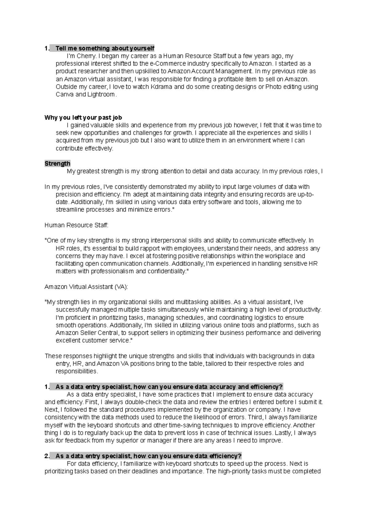 Data Entry Sample question - Tell me something about yourself I’m ...