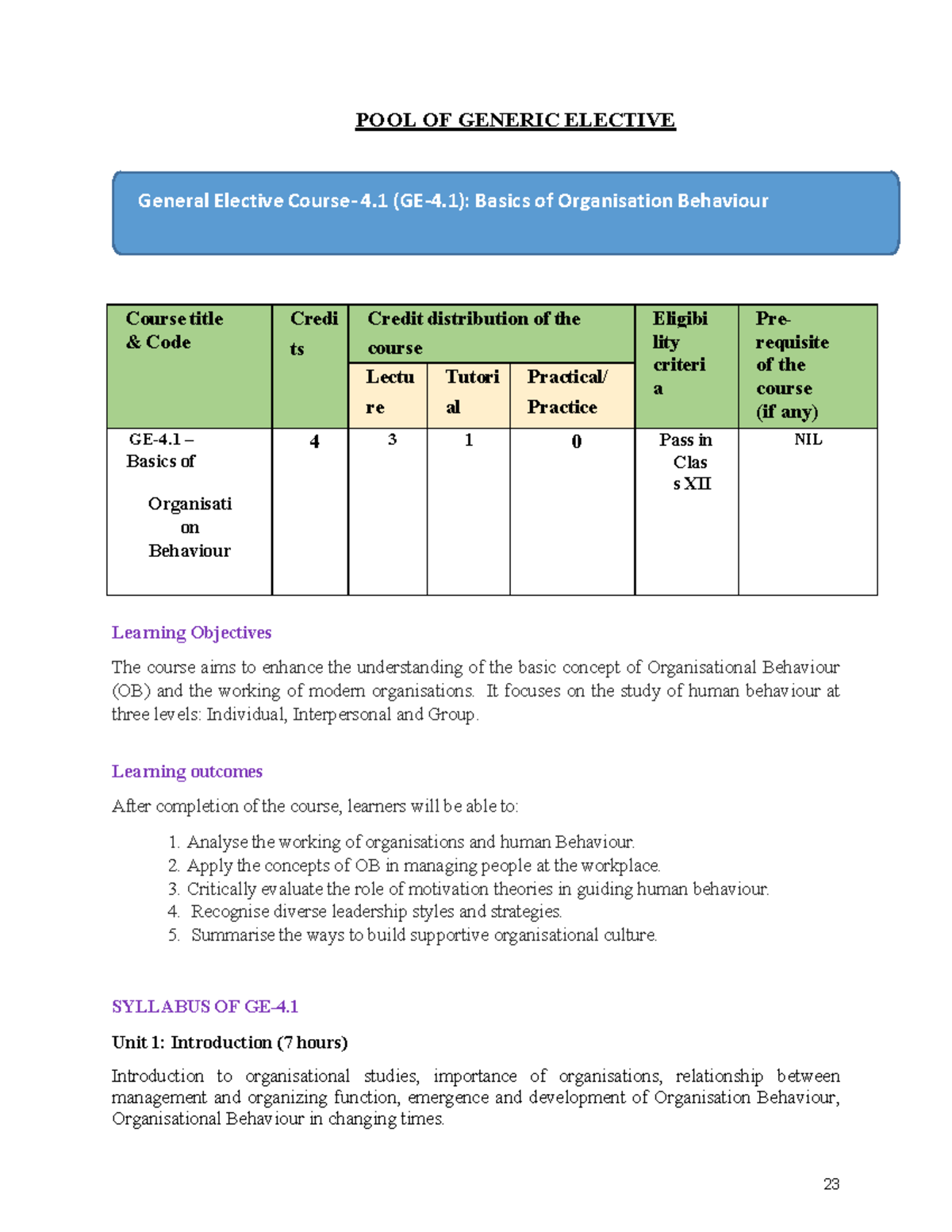 Basics of OB Sem 4 Syllabus - POOL OF GENERIC ELECTIVE Course title & Code Credi ts Credit - Studocu