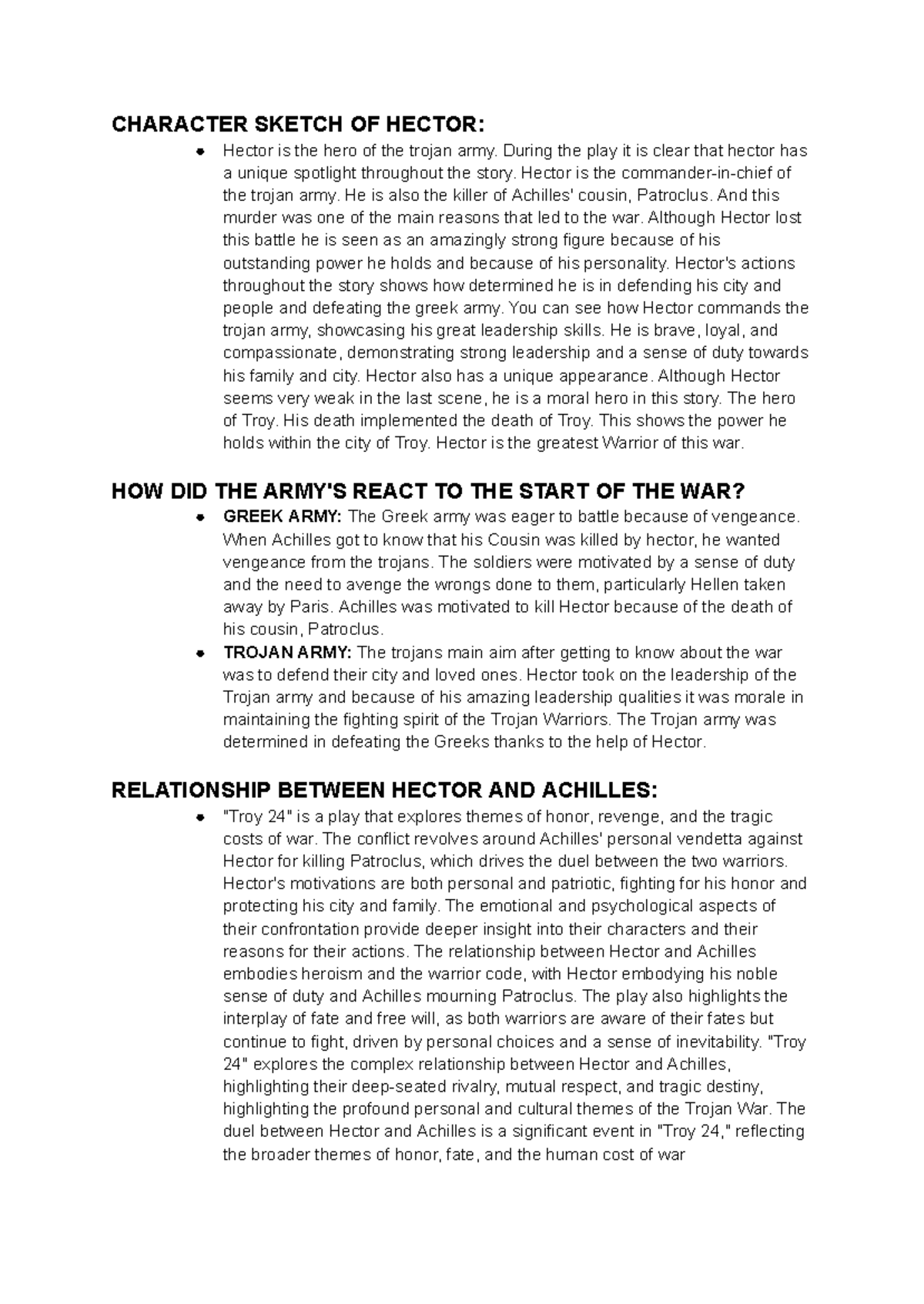 TROY SUMMARY questions and answers - CHARACTER SKETCH OF HECTOR: Hector ...