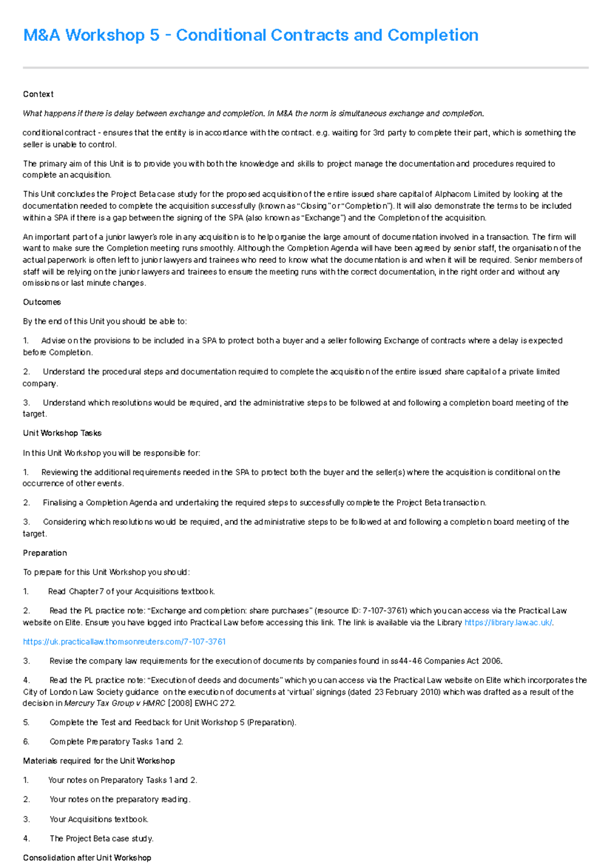 M&A Workshop 5 - Conditional Contracts and Completion - M&A Workshop 5 ...