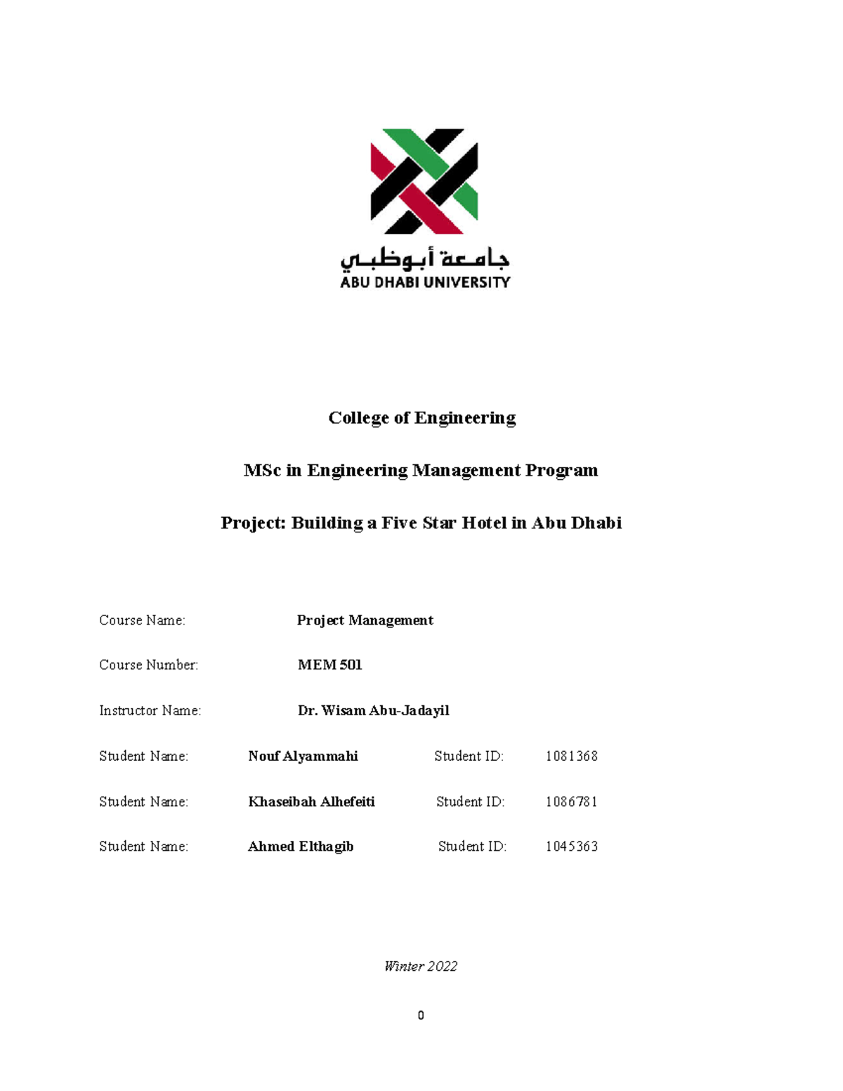 MEM 501 - Project report examplee - College of Engineering MSc in ...
