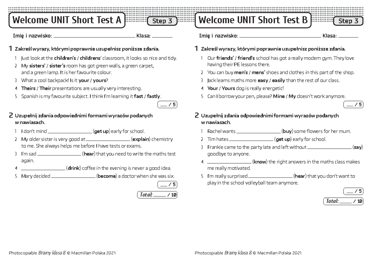 Brainy kl8 Short Tests Welcome Unit Step 3 - Photocopiable Brainy klasa ...