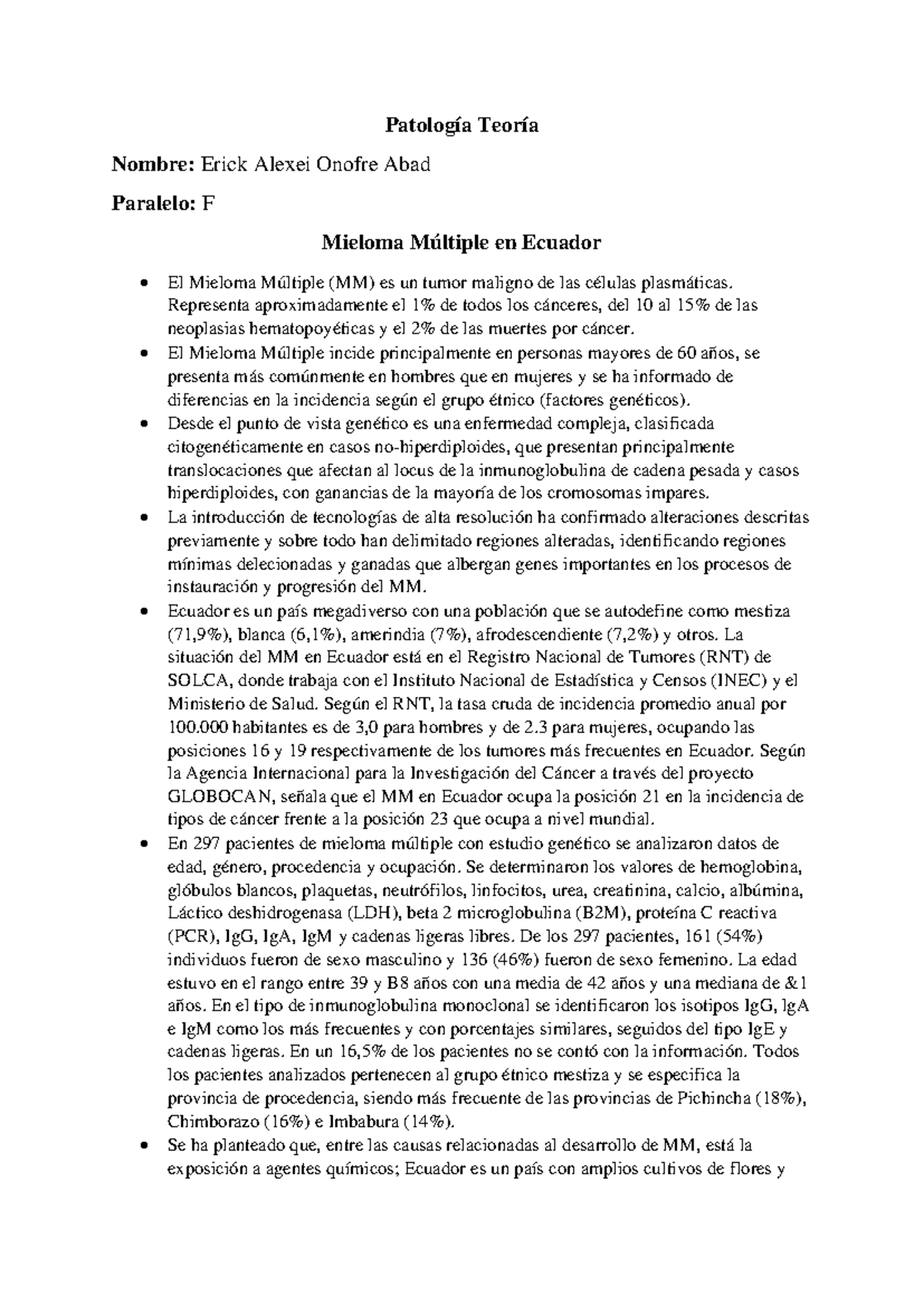 Mieloma Múltiple en Ecuador - Patología Teoría Nombre: Erick Alexei ...