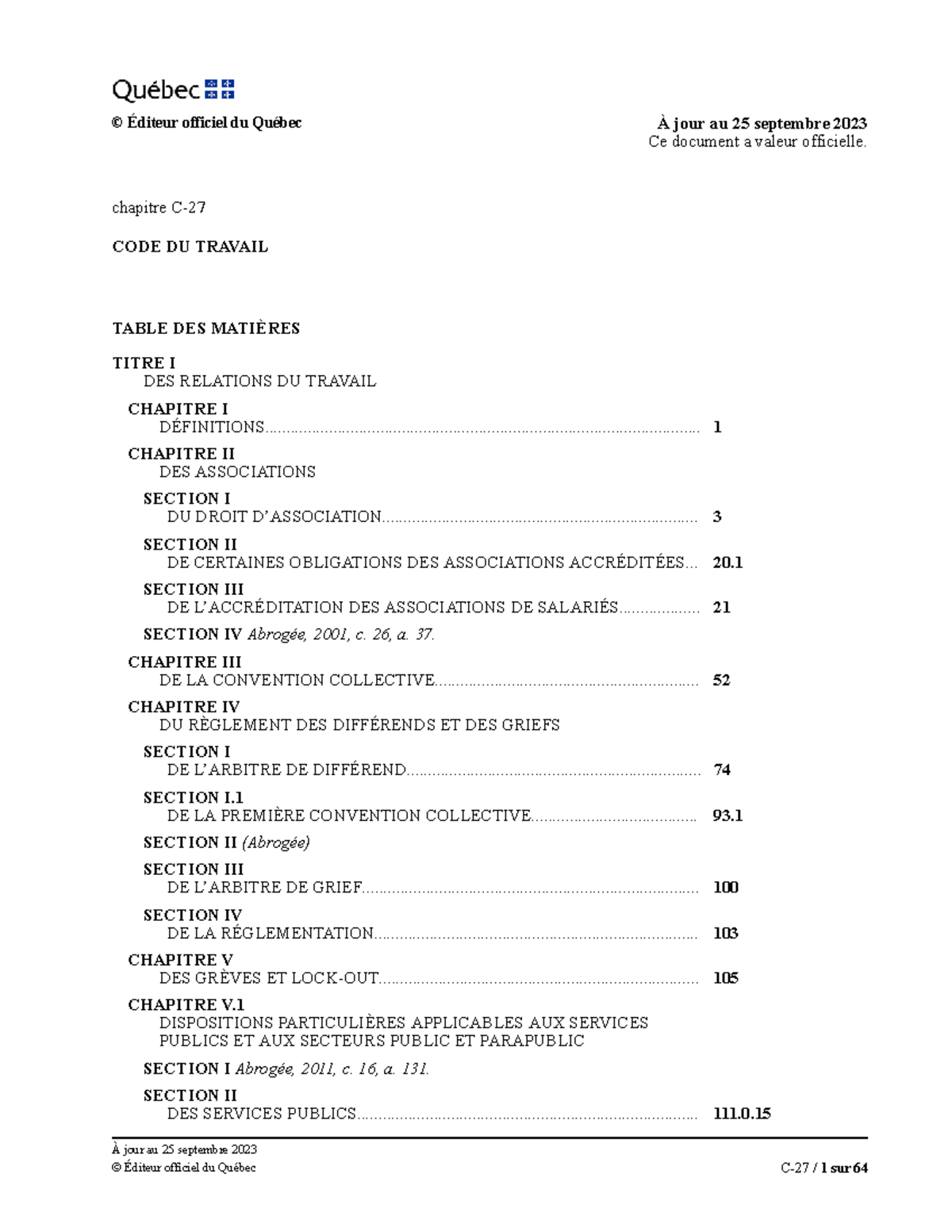 Code du Travail Québec - chapitre C- CODE DU TRAVAIL C O D E D U T R A ...