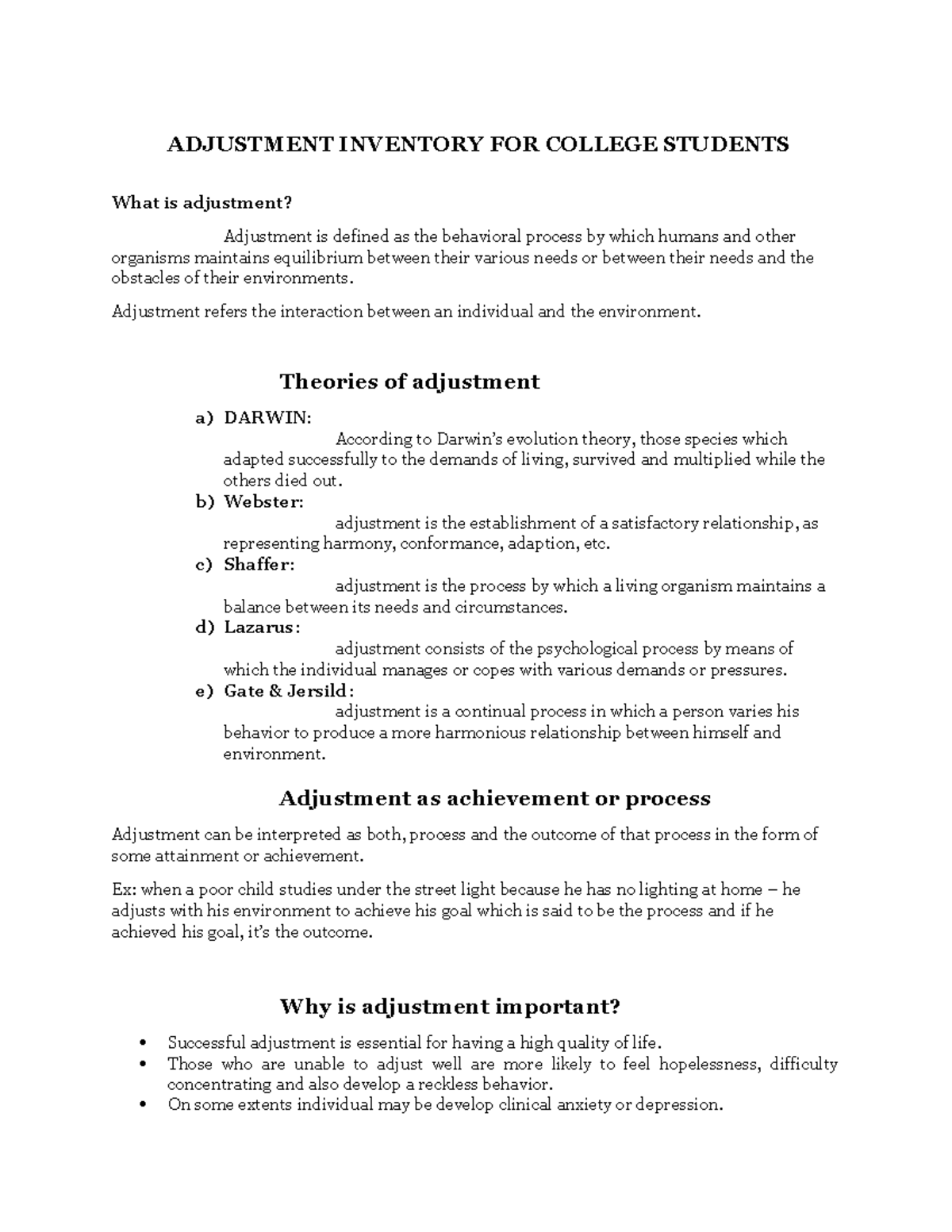 Adjustmentassingment - ADJUSTMENT INVENTORY FOR COLLEGE STUDENTS What ...