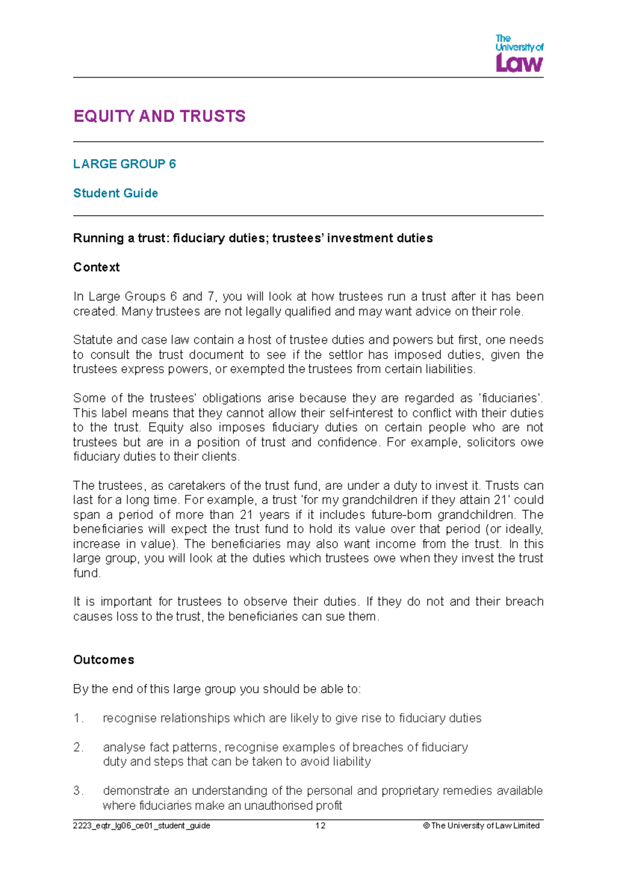 LG 6 Equity and Trusts - EQUITY AND TRUSTS LARGE GROUP 6 Student Guide Running a trust ...