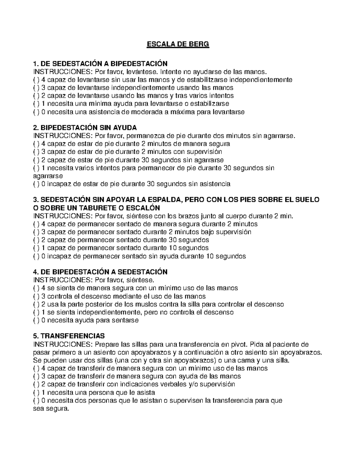 Escala DE BERG - ESCALA DE BERG 1. DE SEDESTACIÓN A BIPEDESTACIÓN ...