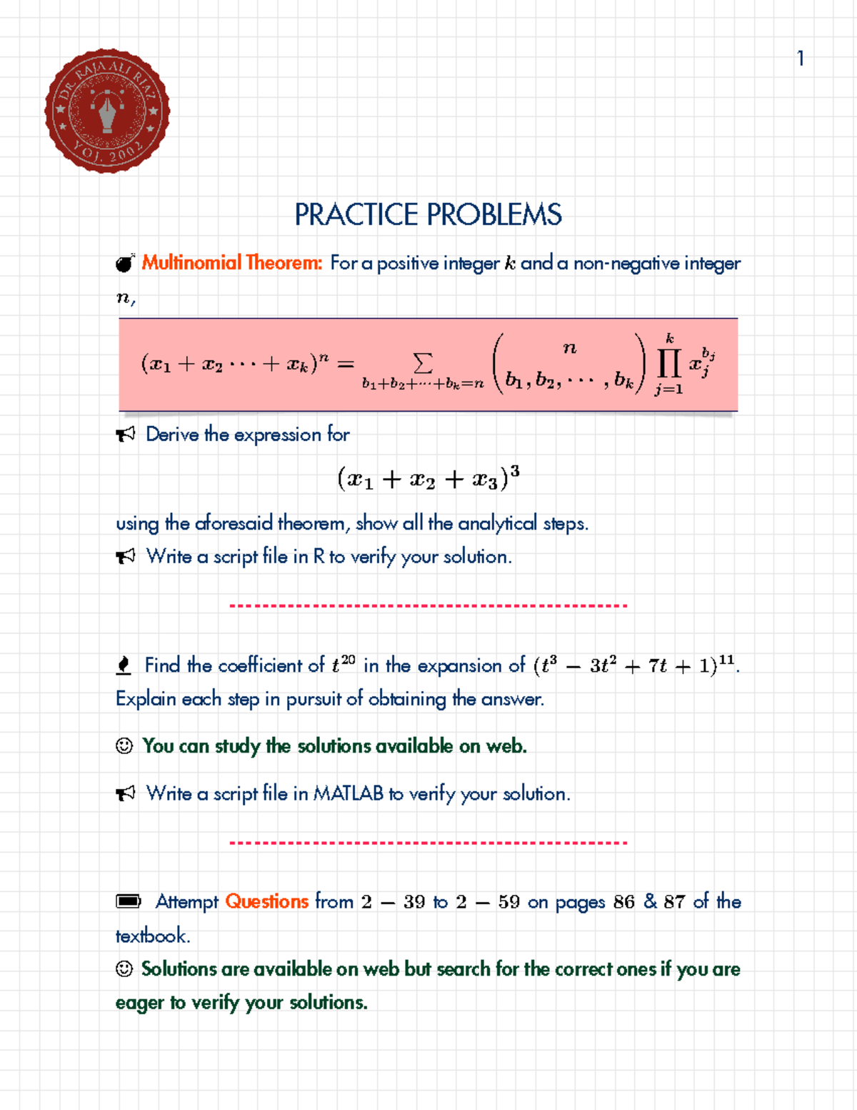 Probability Practice Problems-1 - 1 PRACTICE PROBLEMS Multinomial ...